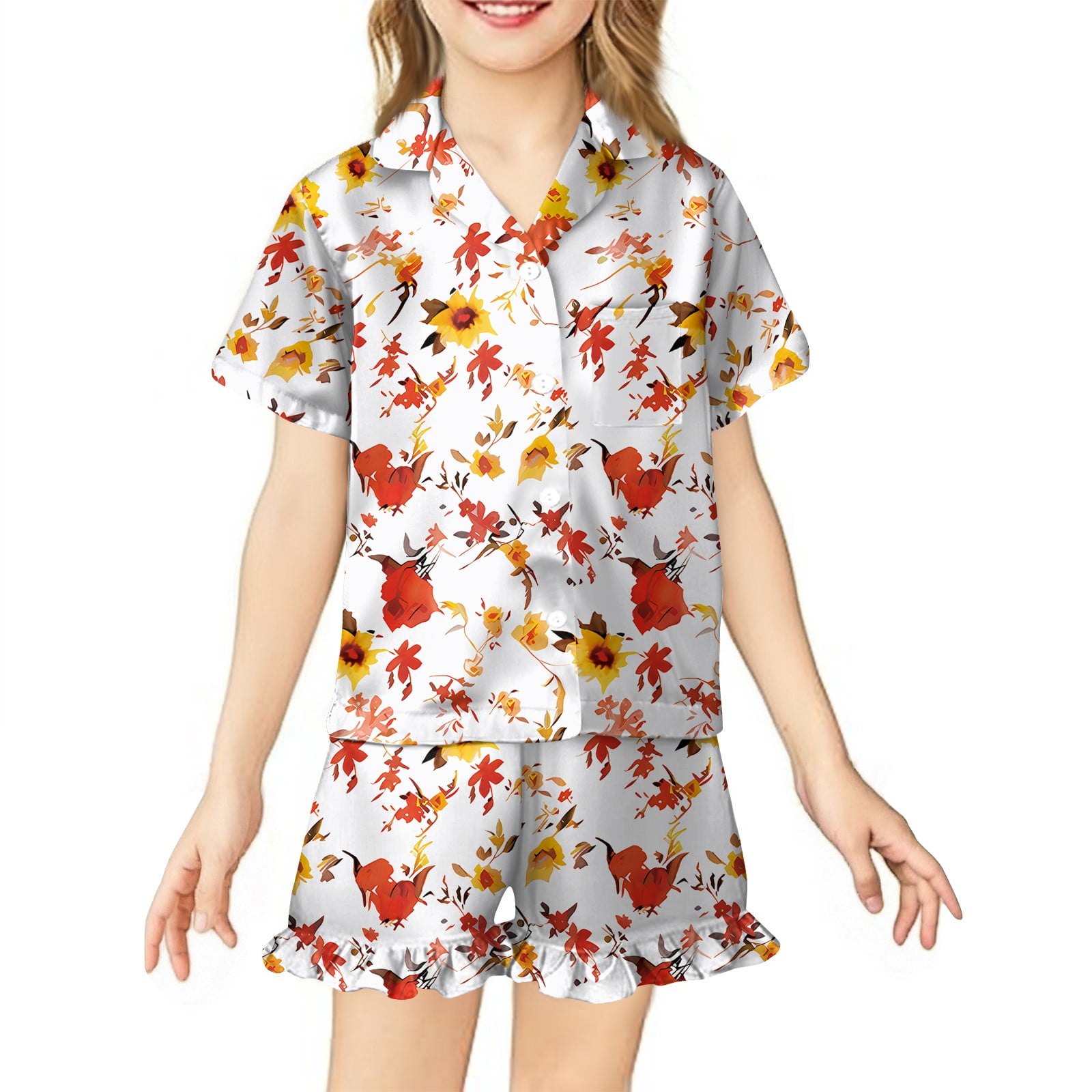XADYUY Pajamas for Kids Girls Floral Graphic Pajama Set for Girls Silk ...