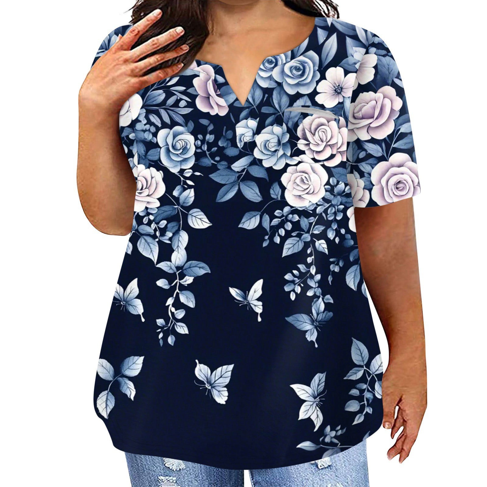 XADYUY Plus Size Tops for Women Dressy Casual Sexy Tunics Long Sleeve V-Neck Vintage Floral ...