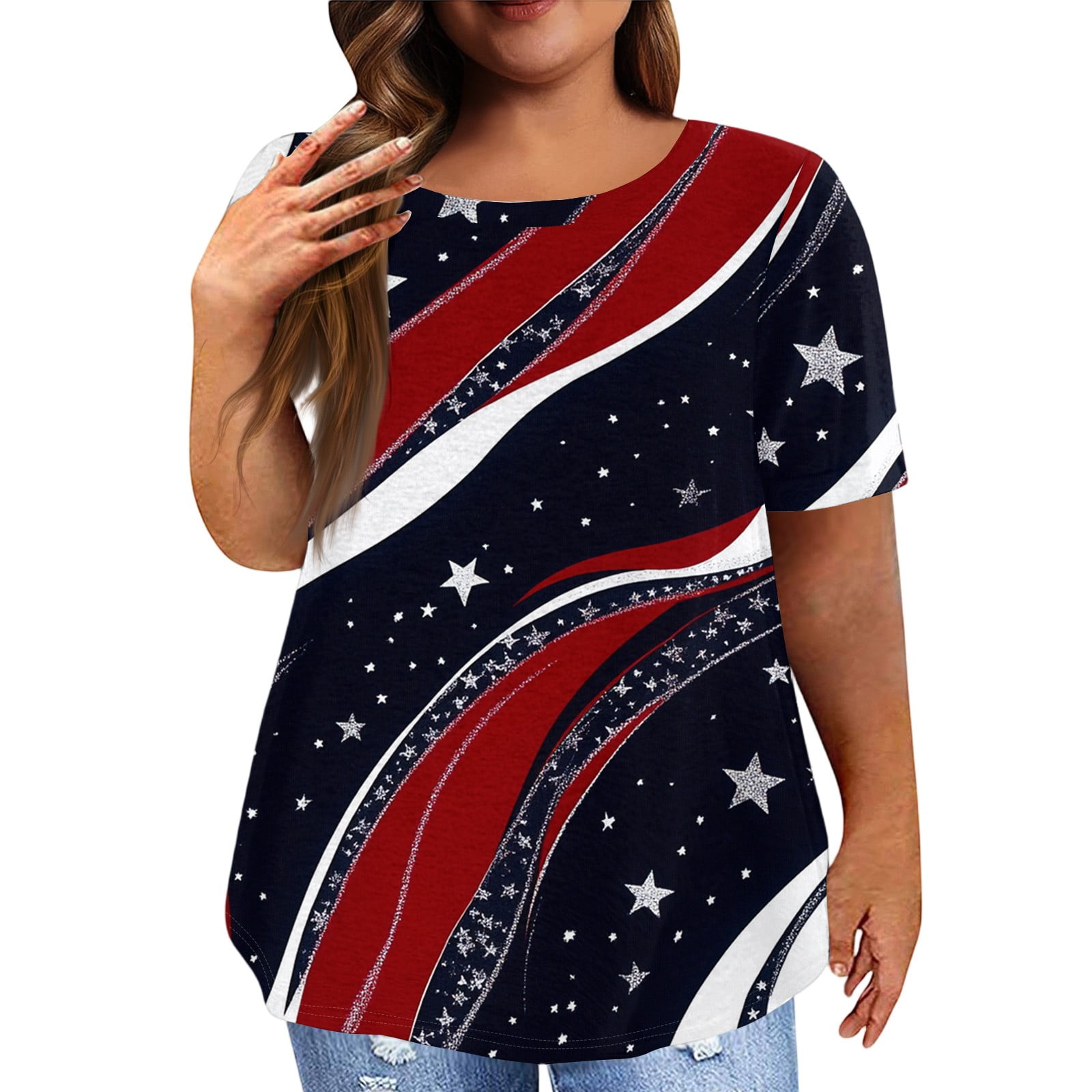 XADYUY Plus Size Womens Tops Summer 4th Of July Stars Stripes Print ...