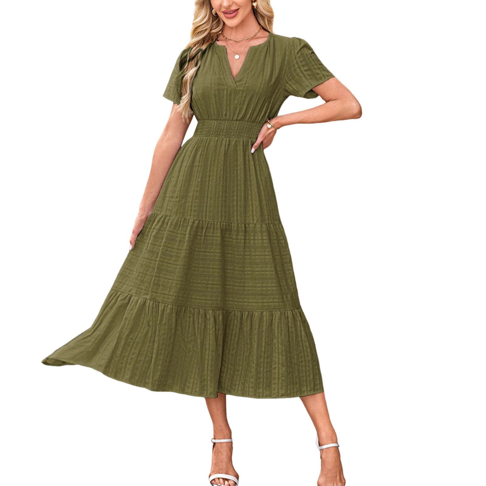 XADYUY Spring Dresses for Women 2025 Puff Sleeve V Neck Smocked Waist ...