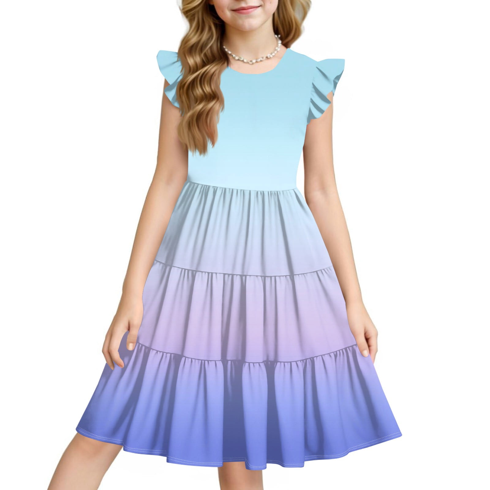 XADYUY Summer Dress for Girls 7-8 Twirly A-Line Ruffle Sleeve Midi ...