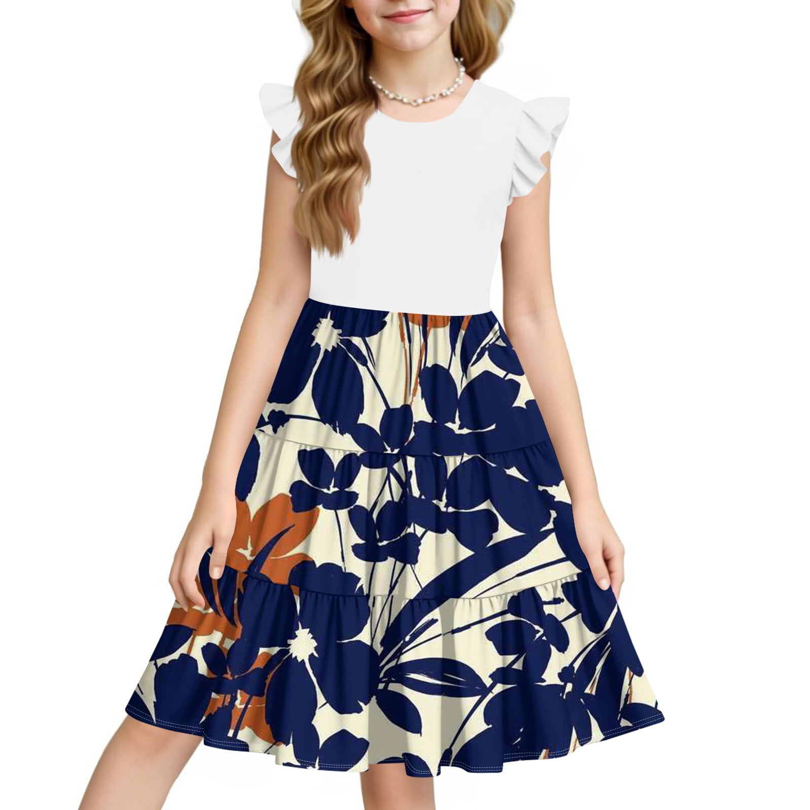XADYUY Summer Dress for Girls 7-8 Twirly A-Line Ruffle Sleeve Skater ...