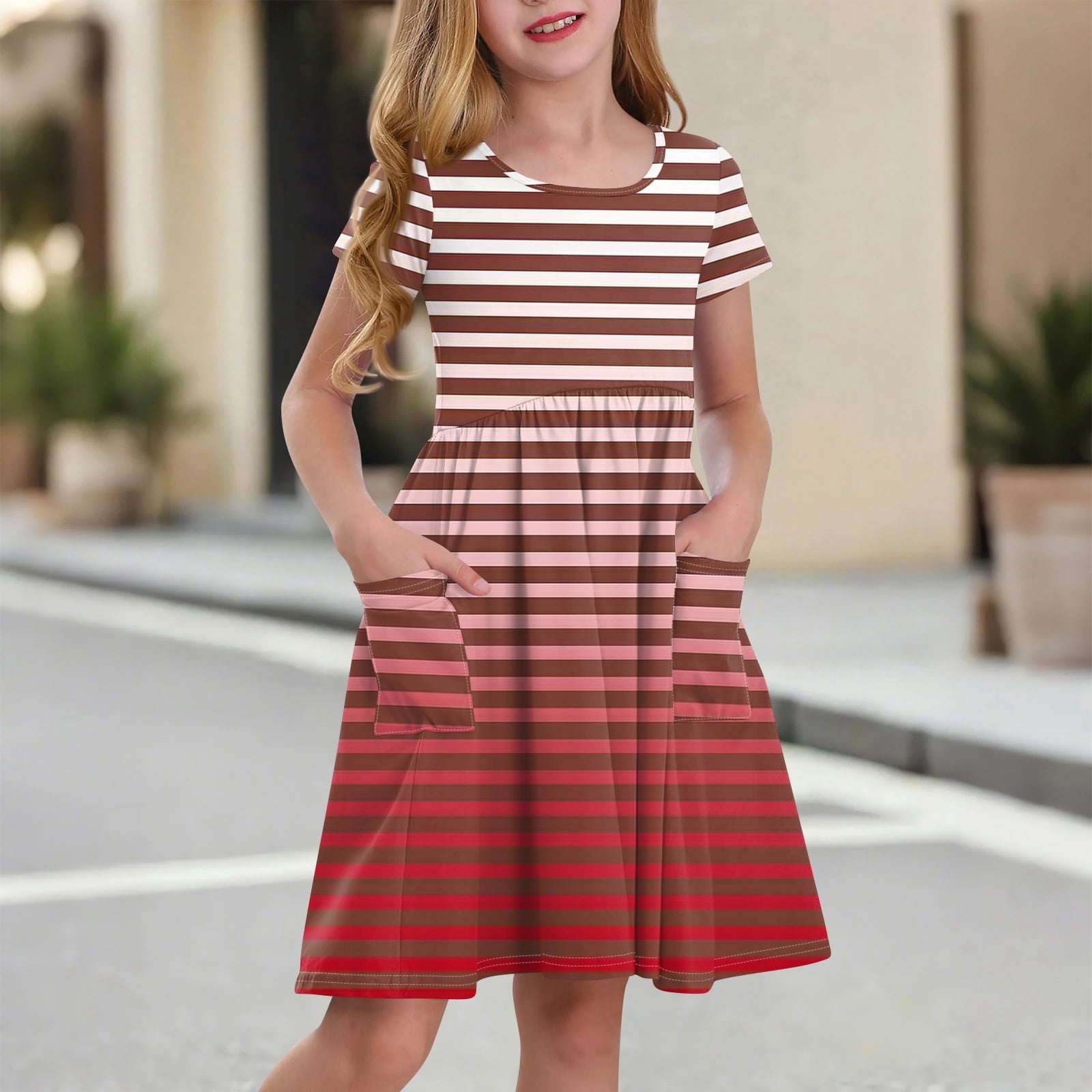 XADYUY Summer Dress for Girls Twirly A-Line Short Sleeve Midi Dress ...