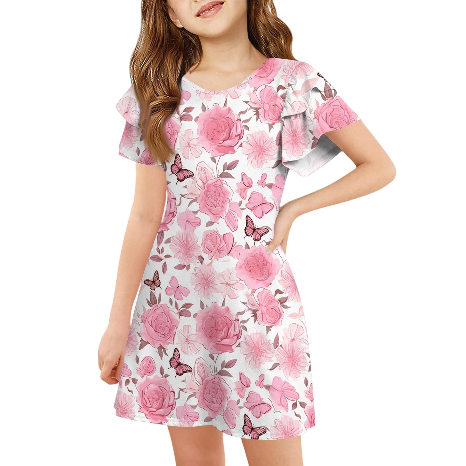 XADYUY Summer Dress for Girls Casual A-Line Ruffle Sleeve Tshirt ...