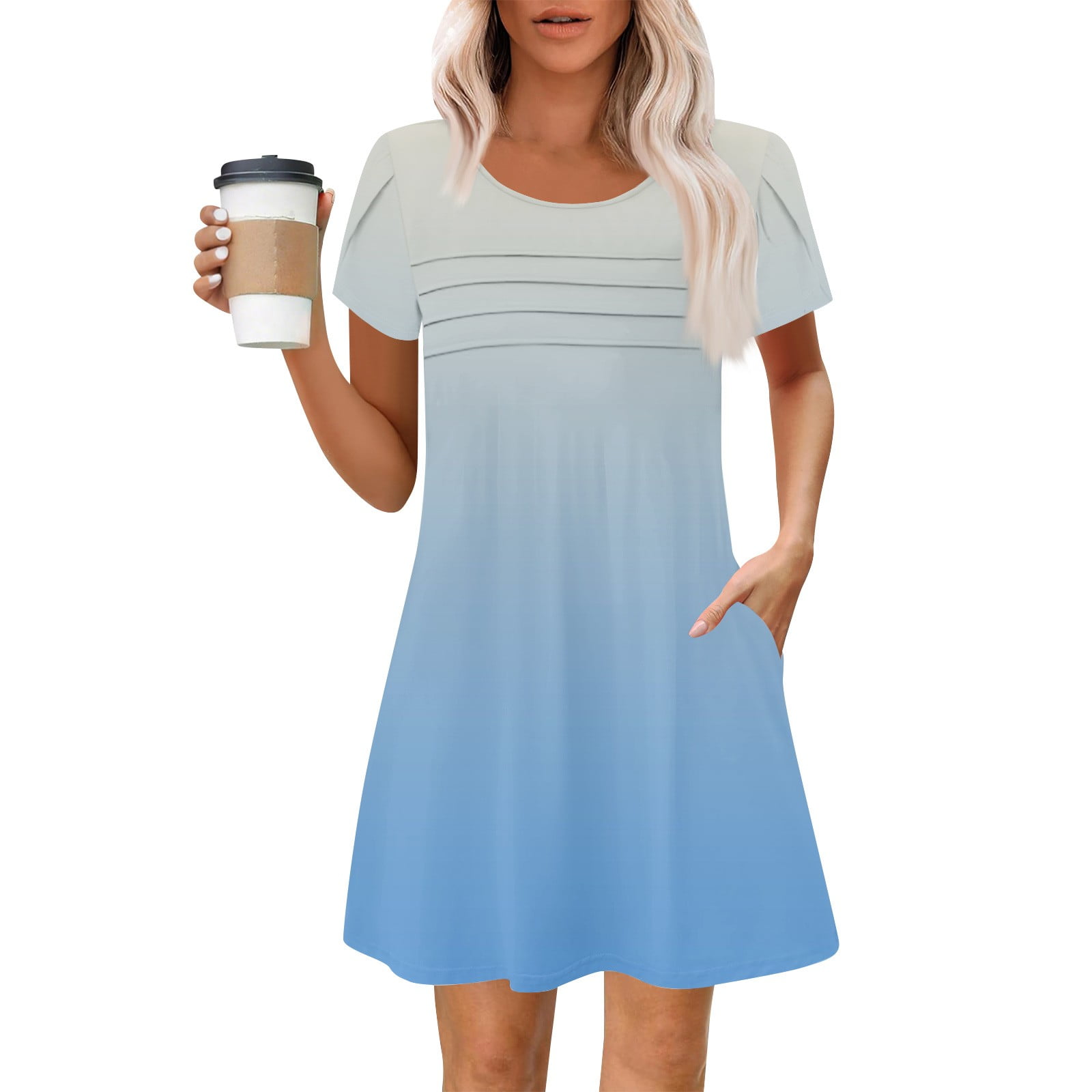 XADYUY Summer Dresses for Women 2025 Gradient Pleated Front Crew Neck ...