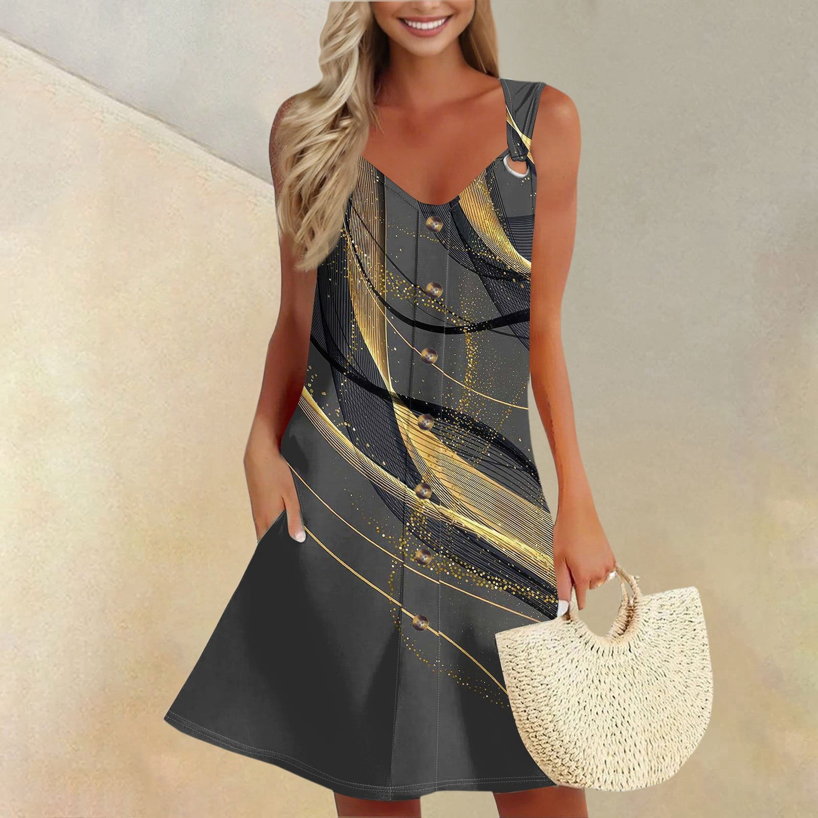 XADYUY Summer Dresses for Women 2025 Beach Marble Scoop Neck O-Ring ...