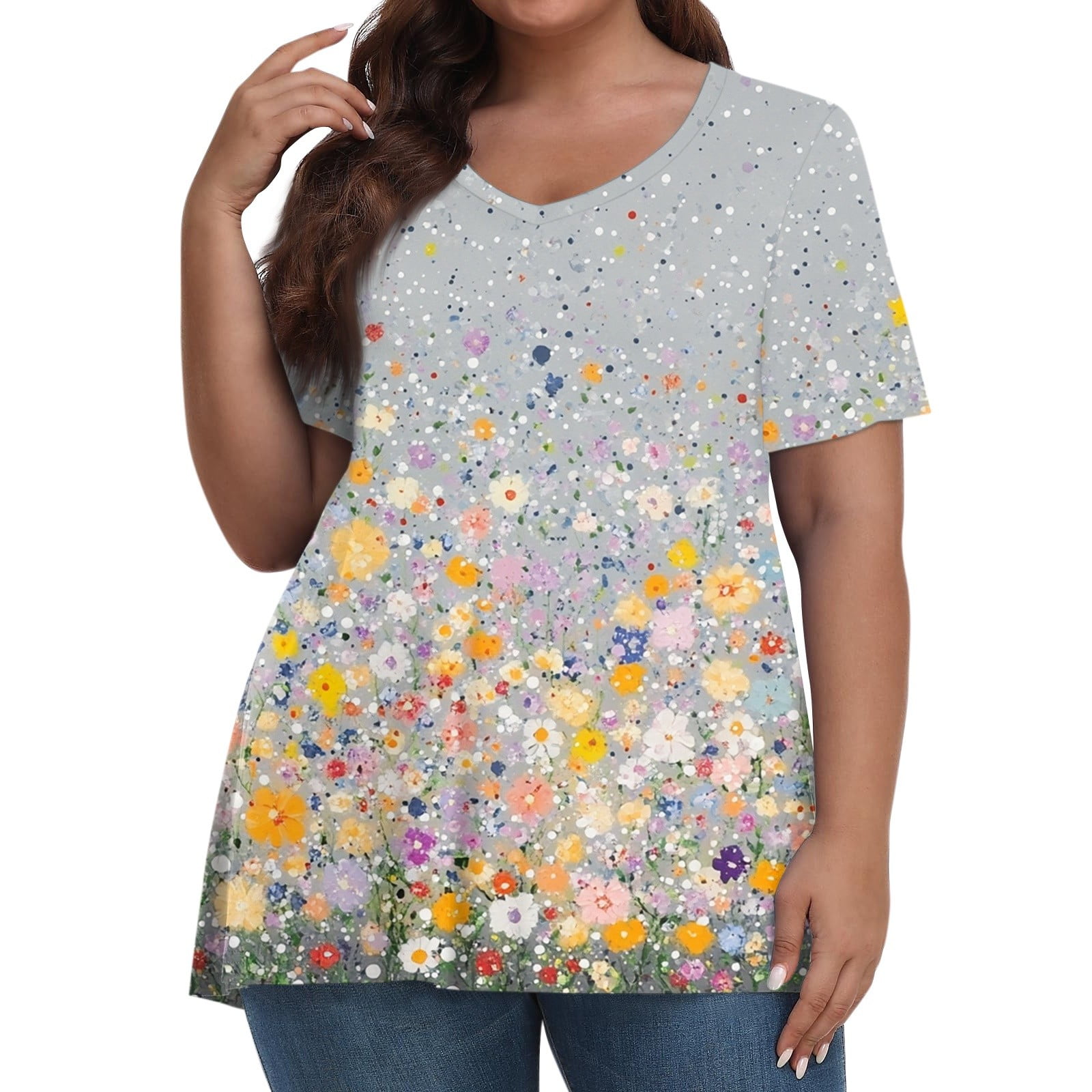 XADYUY Women's Plus Size Tops 4x-5x Summer V Neck Tshirts Daisy Floral ...
