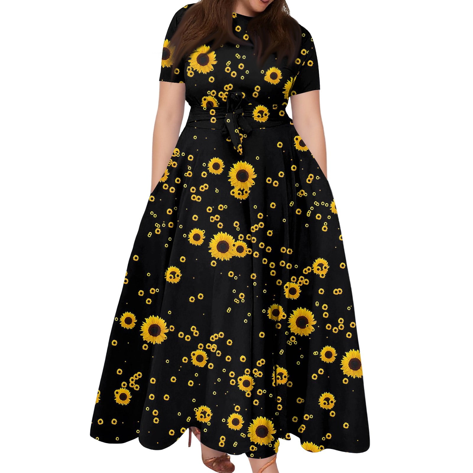 XADYUY Womens Plus Size Dress Casual Strap Short Sleeve A-Line Maxi ...