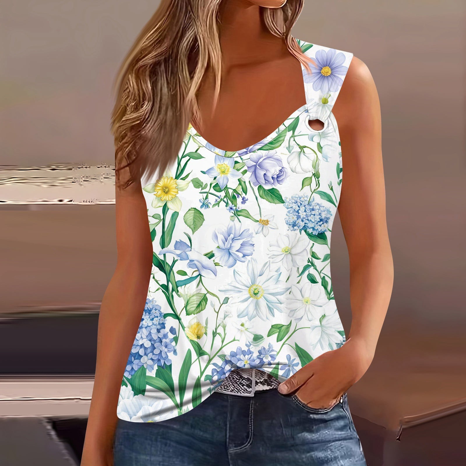 XADYUY Womens Sleeveless Tank Tops Clearance Casual Floral Print Cotton ...