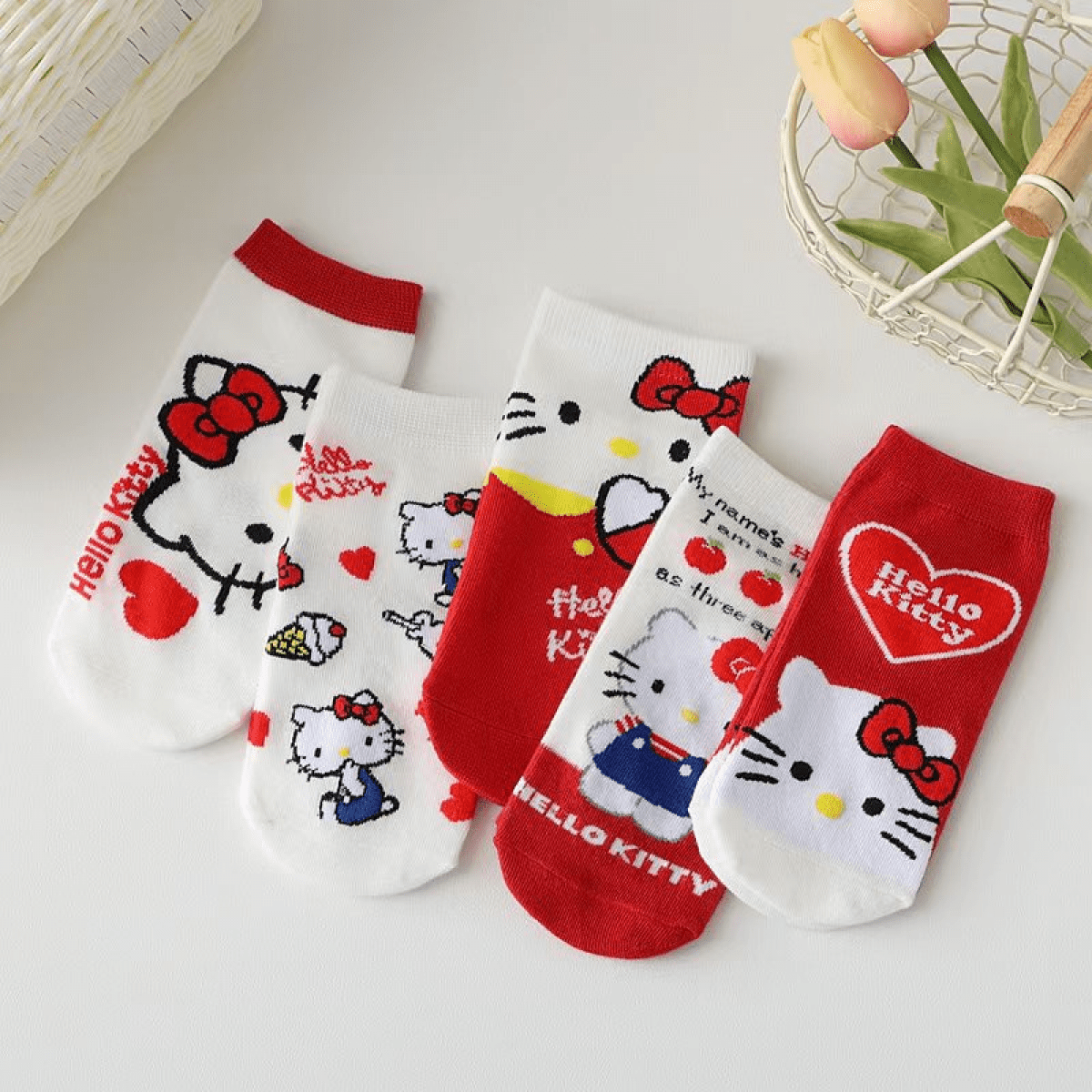 XAIAUHUA 5 Pairs Cute Cartoon Hello Kitty Ankle Socks, Short Socks for ...