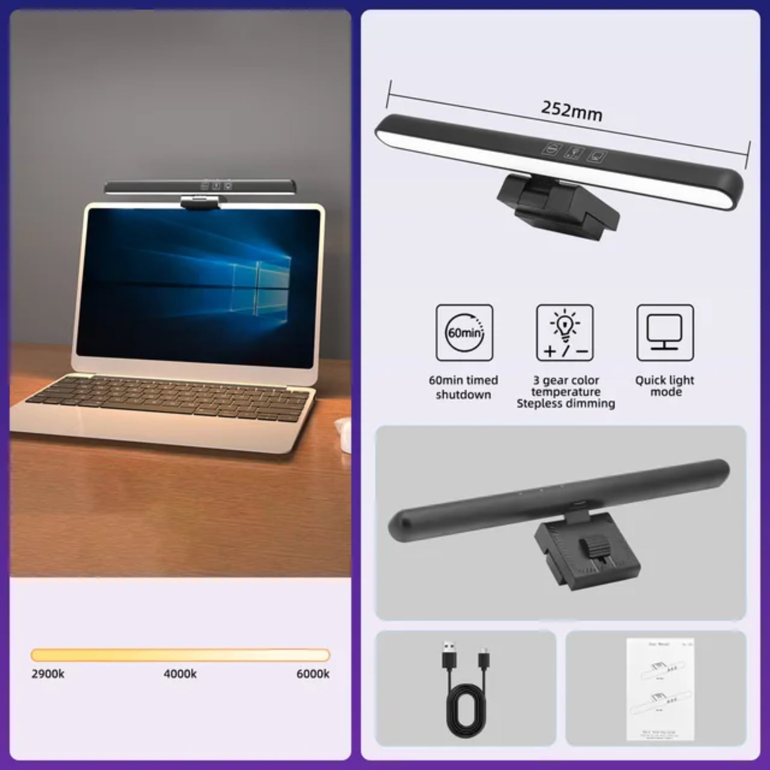 XAOCENH USB Stepless Dimming Hanging Lights Curved Monitor Light RGB ...