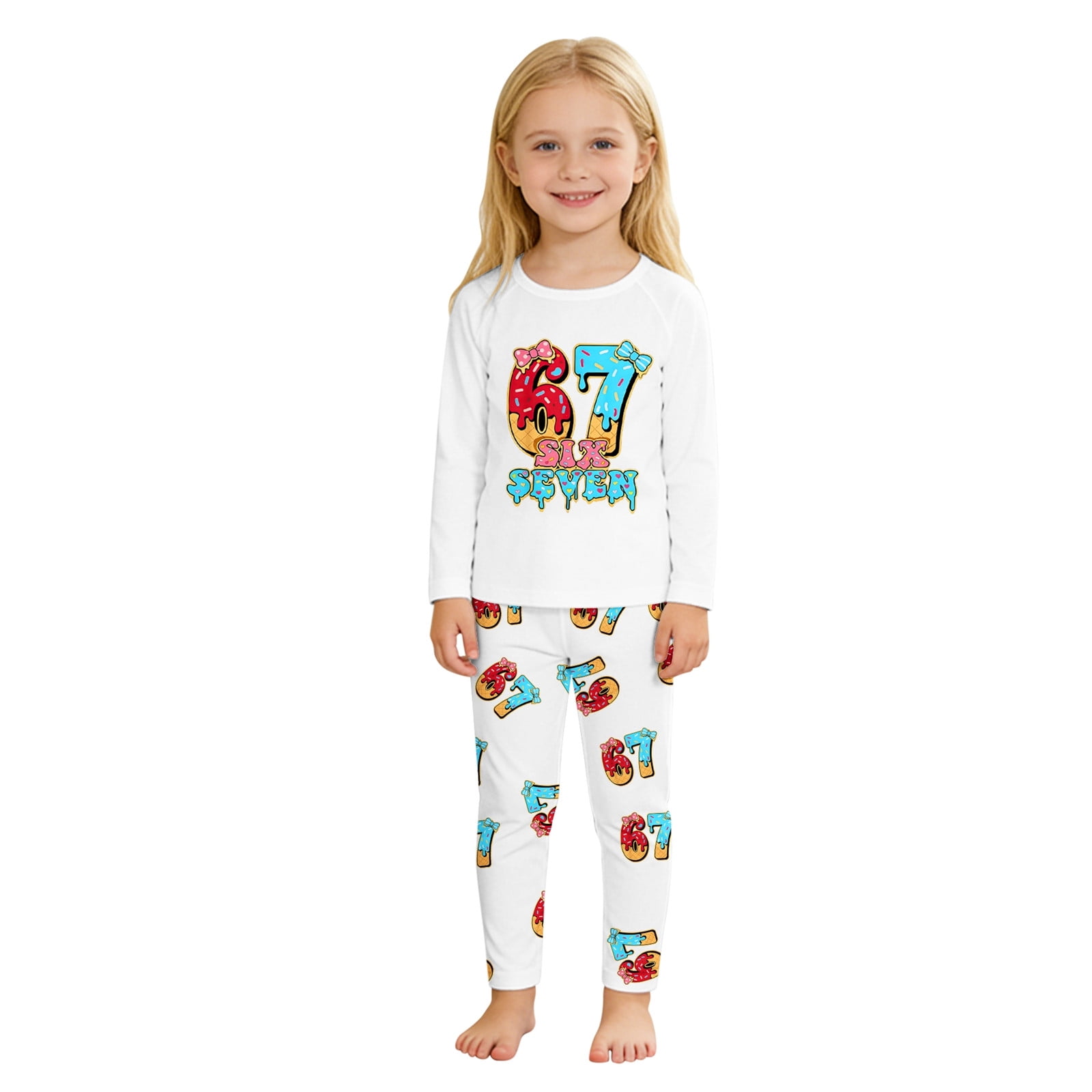 XAOFW Girl's Outfit Sets Long Sleeve Crewneck 67 Number Print T-Shirts ...