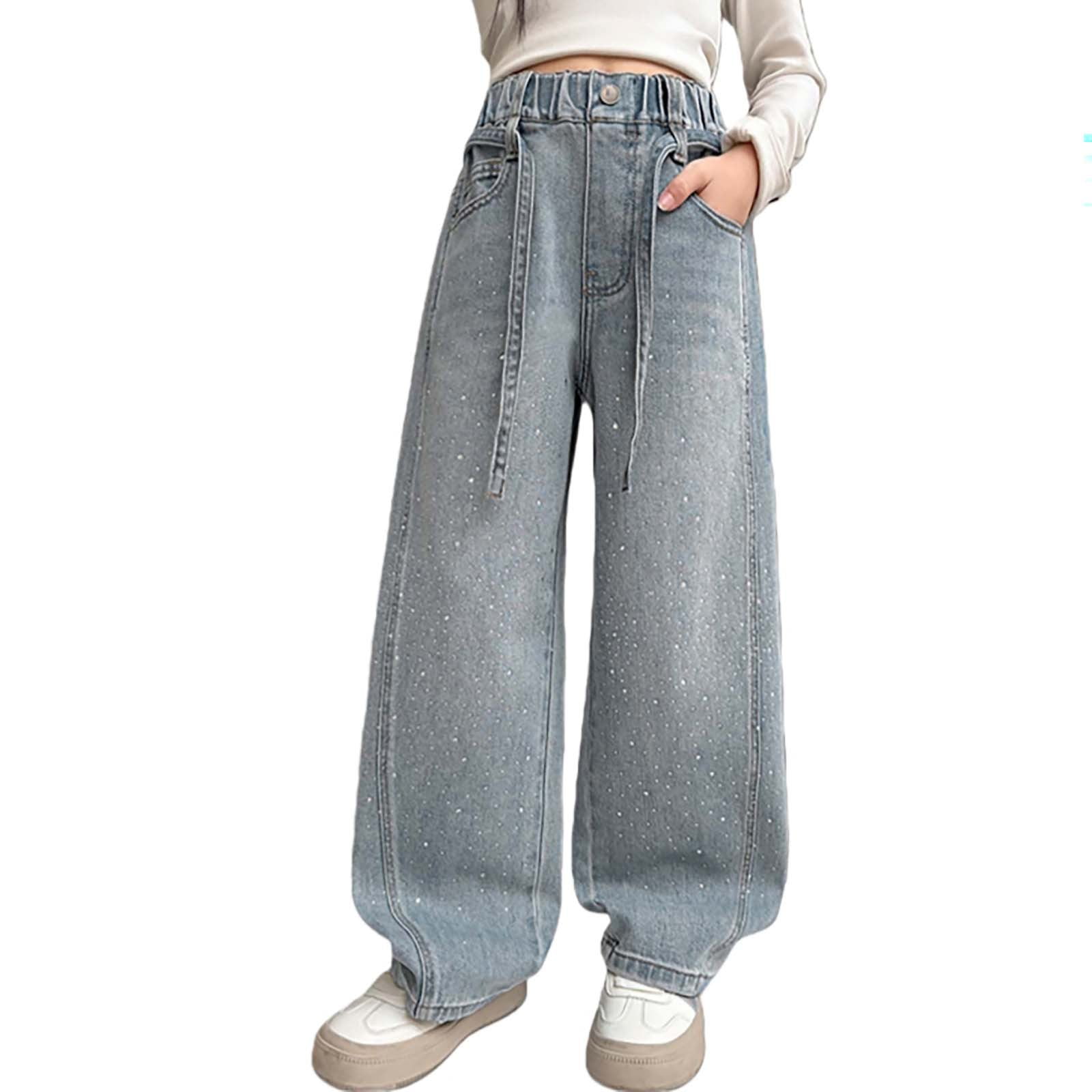 XAOFW Girl's Pants Star Rhinestone Elastic Waist Flared Denim Trousers ...