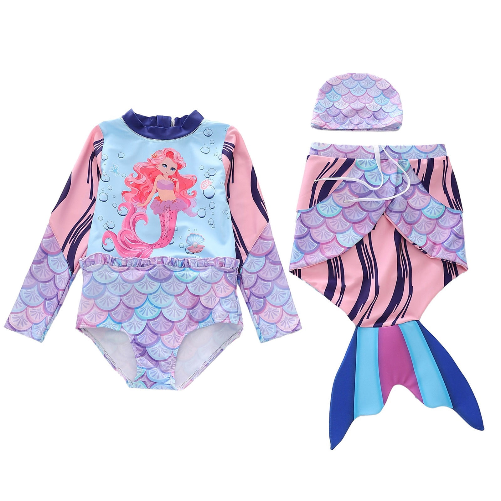 XAOFW Girl's Swimsuit Sets Cartoon Print Long Sleeve Rash Guard ...