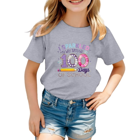 XAOFW Girl's T-Shirts 100 Days Of School Print Crew Neck Short Sleeved ...