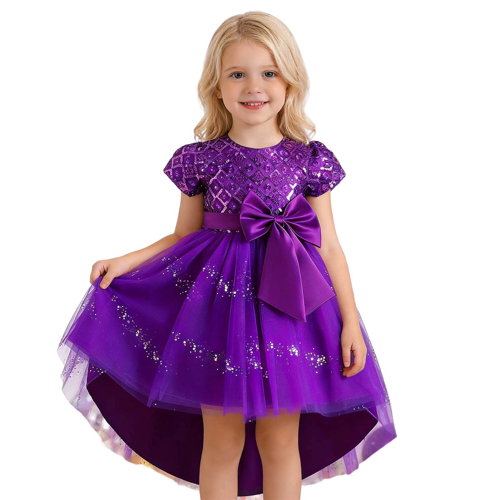 XAOFW Girls Dress Bow Tutu Glitter Sequin Puff Sleeve Crew Neck Ball ...