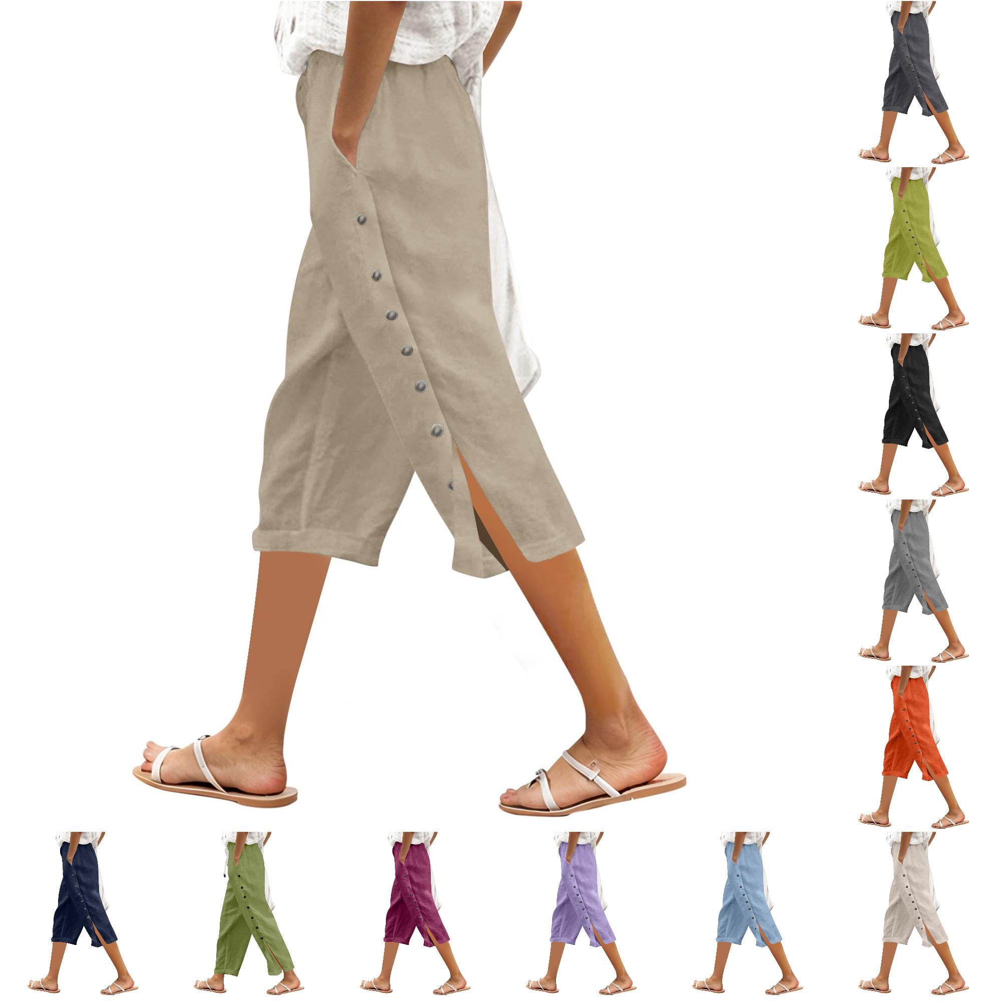 XAOFW Women’S Casual Pants Solid Color Elastic Waist Loose Fit Trousers ...