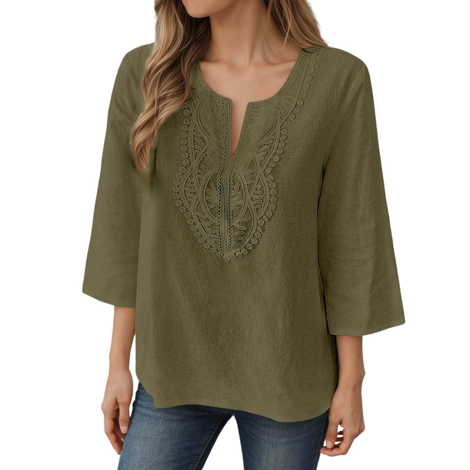 XAOFW Women's T-Shirts Carnival Three Quarter Sleeve Lace V Neck Linen ...