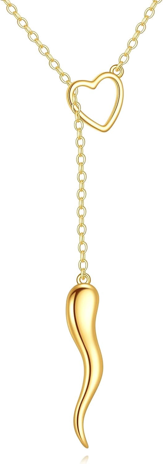 XATENJE Gold Italian Horn Necklace 14K Solid Gold Cornicello Y Long ...