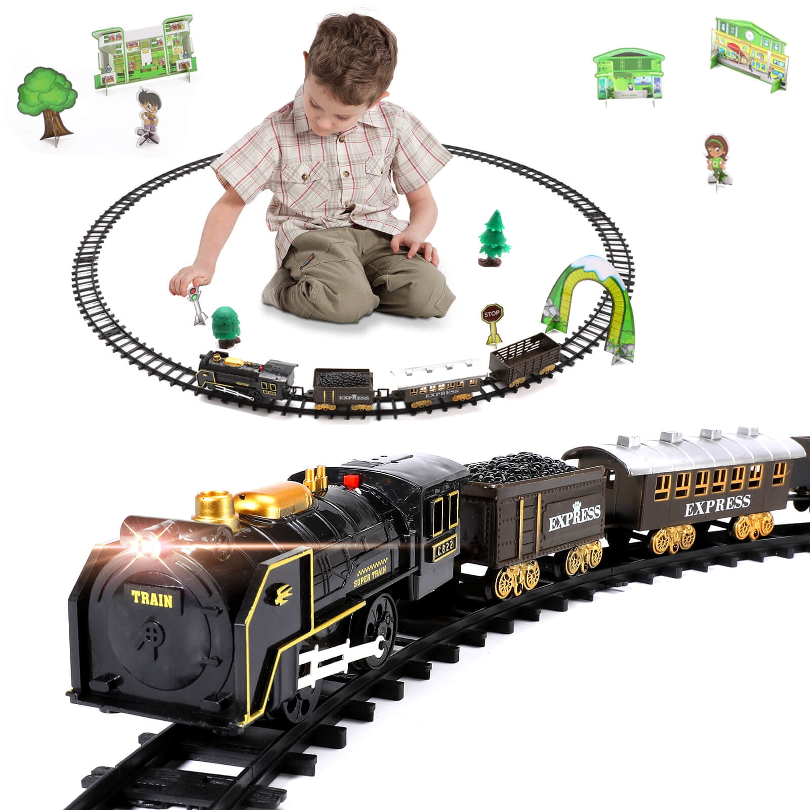 XAYAH Classic Train Set, Electric Train Toy w/ Lights & Sound, Railway ...