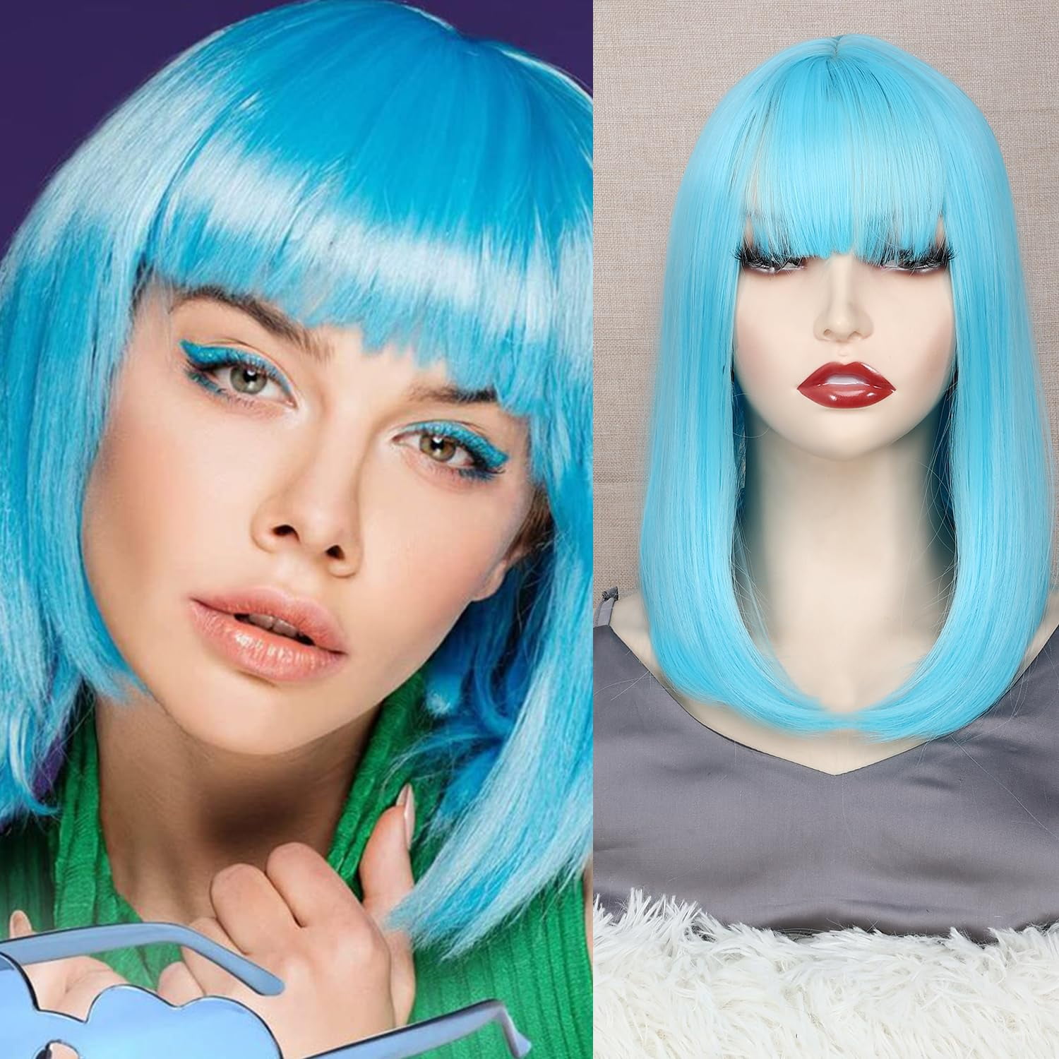 XBage 14 Inch Short Bob Wigs With Bangs, Straight Bob Wigs For Women Natural Looking, Synthetic ...