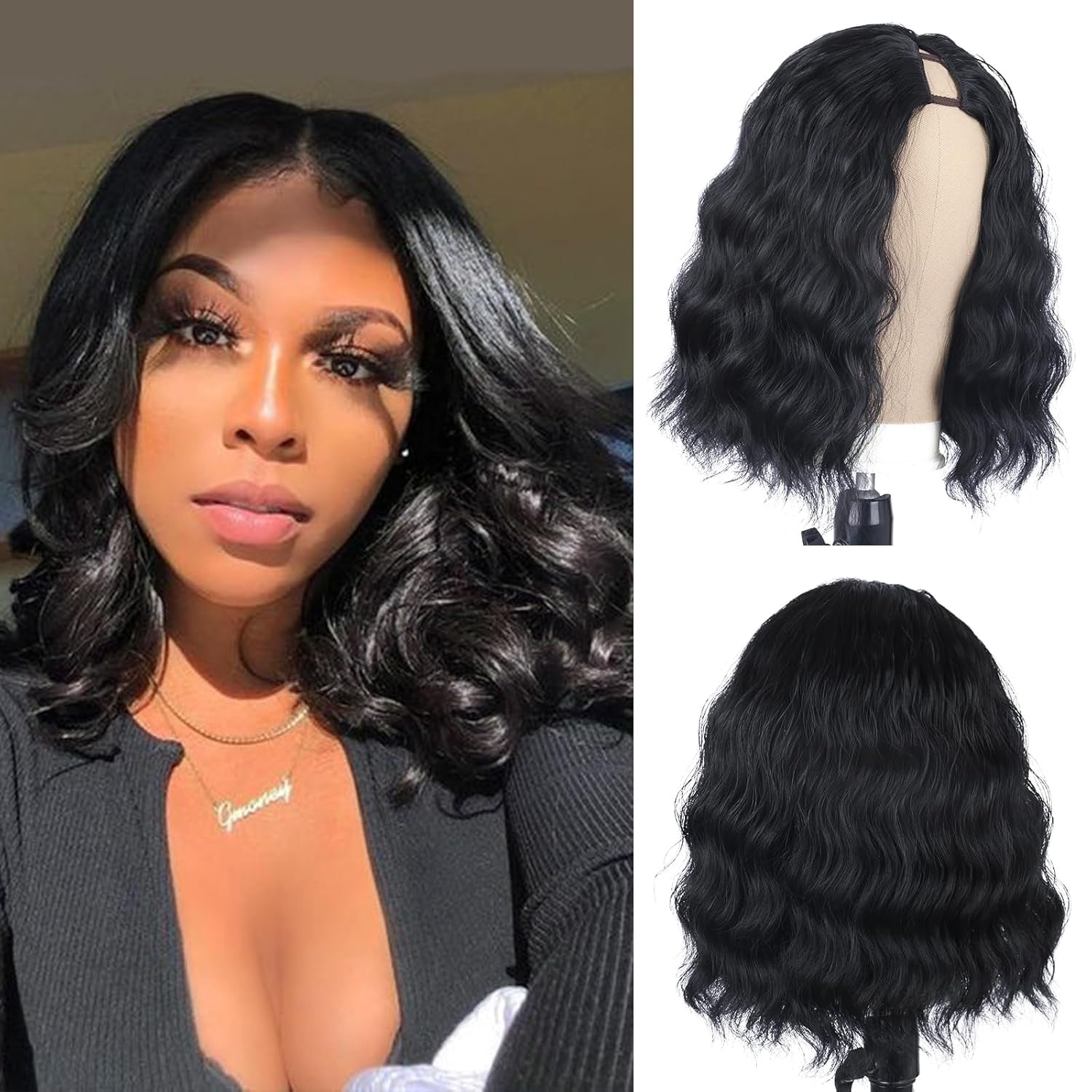 XBage 14 Inch Short Wavy V Part Wig Wear And Go Glueless Bob U Part Wig ...