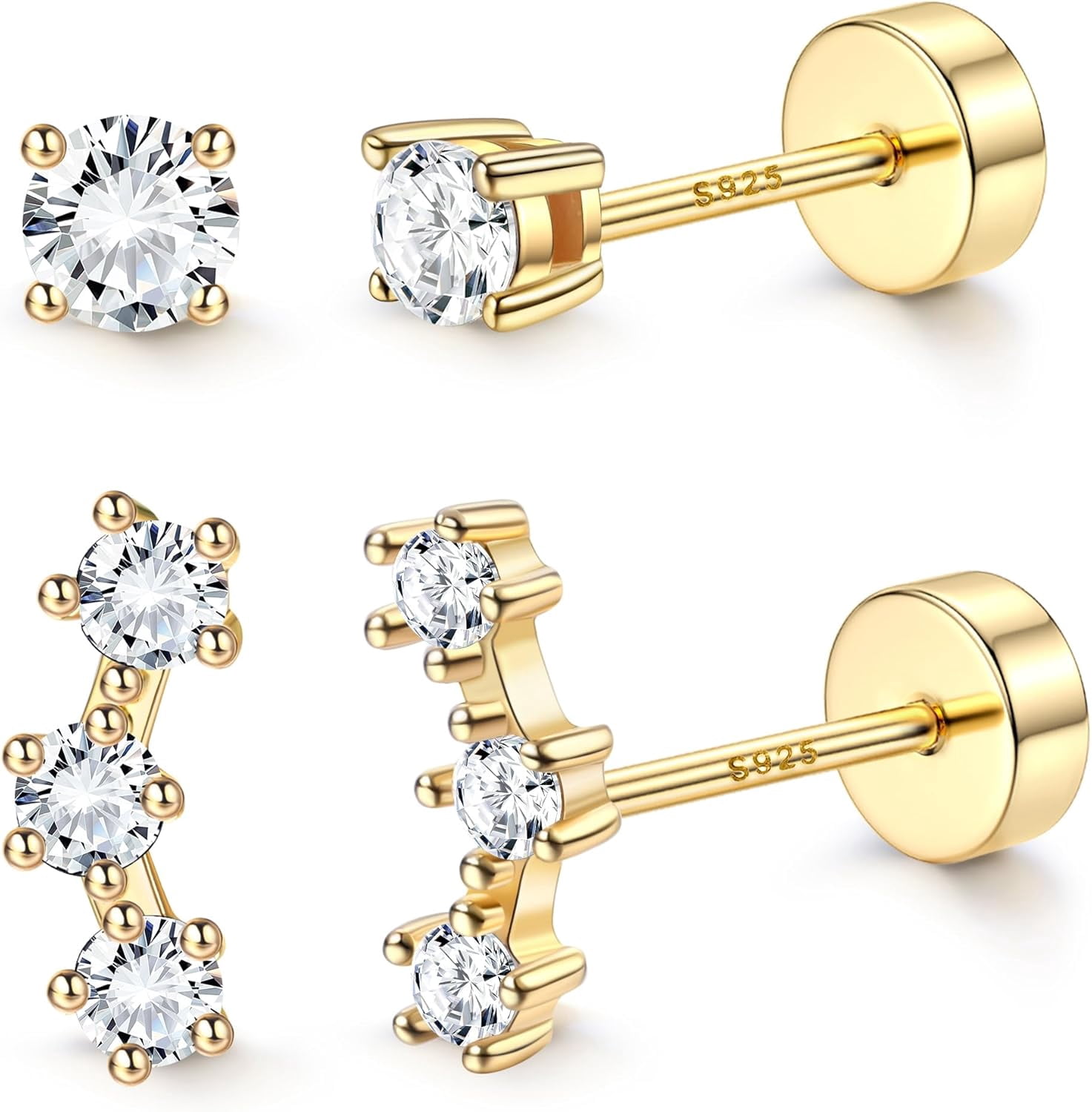 XBage 2 Pairs 925 Sterling Silver Flat Back Earrings For Women Dainty ...