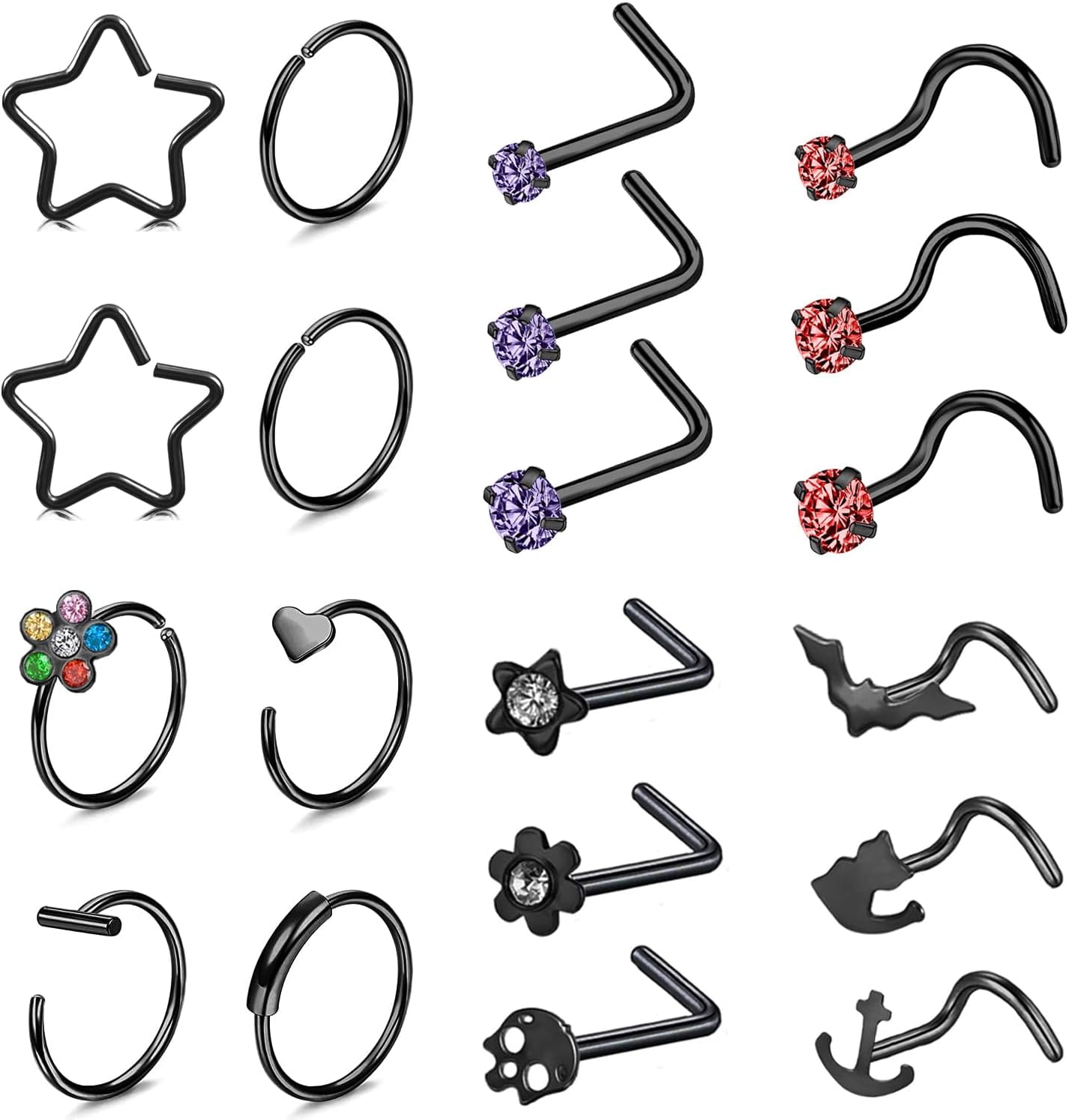 XBage 20G Black Corkscrew L Shaped Nose Rings For Women, Surgical Steel ...