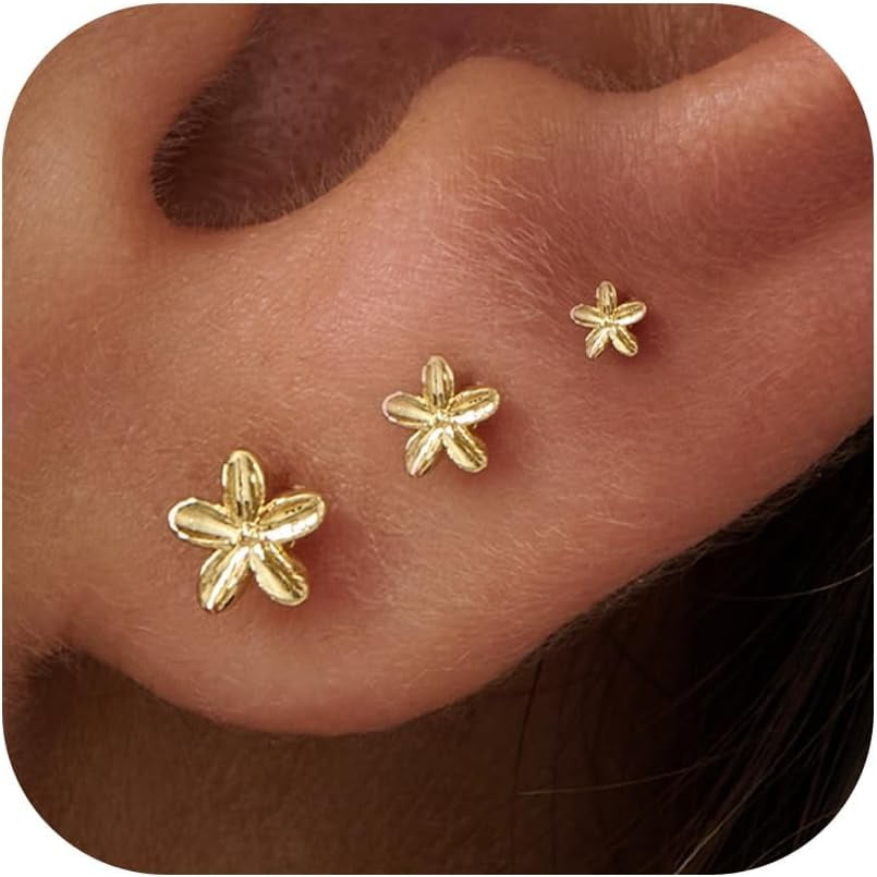 XBage 3 Pair Tiny Flat Back Stud Earrings For Women - 14K Gold ...