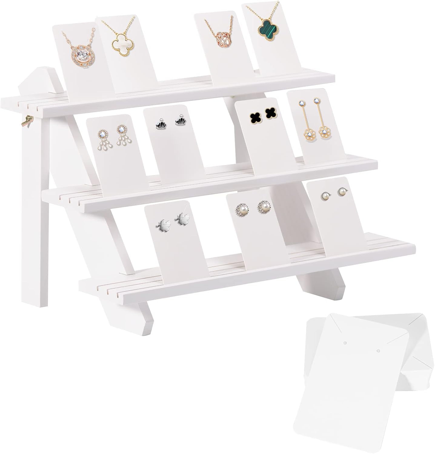 XBage 51Pcs Wood Tiered Earring Display Stand, 3-Tier White Retail ...