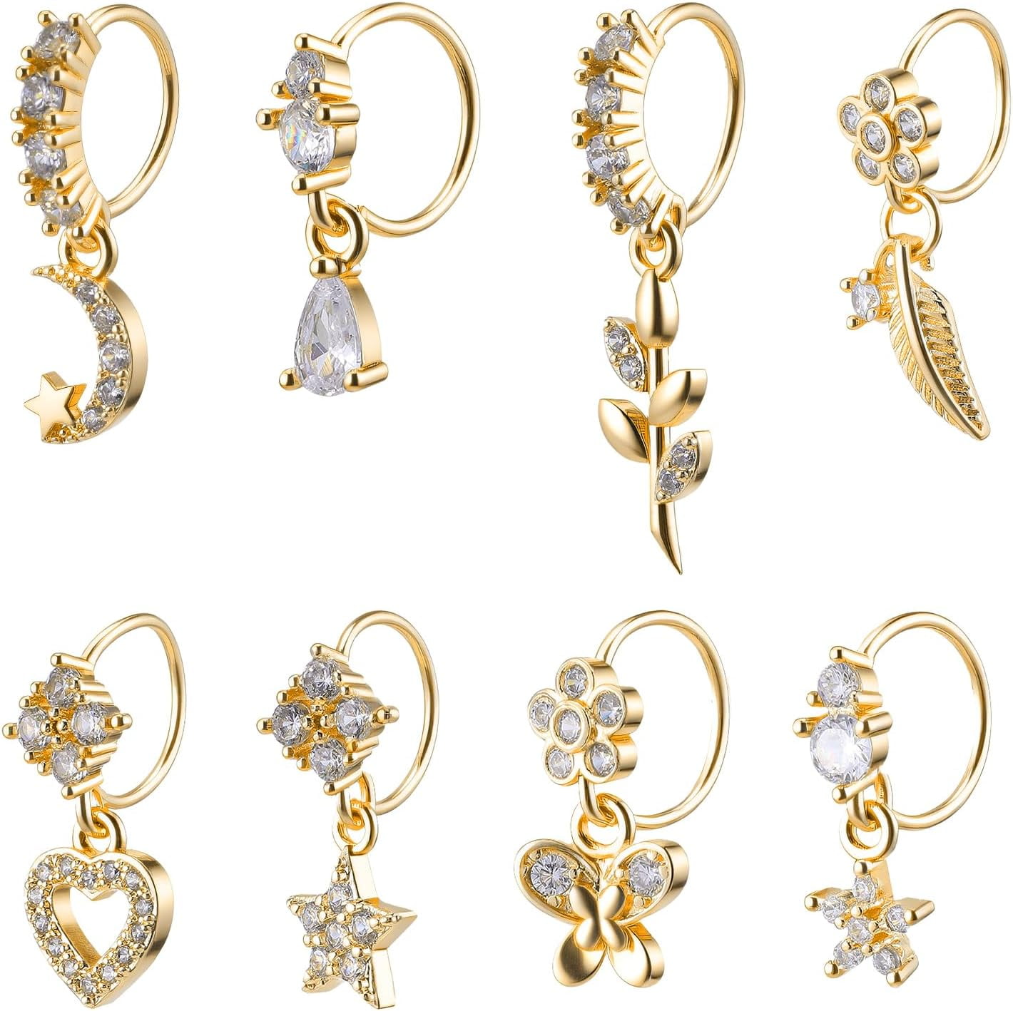 XBage 8Pcs Dangling Nose Ring,Gold Star Nose Hoops Dangle Heart Flower ...