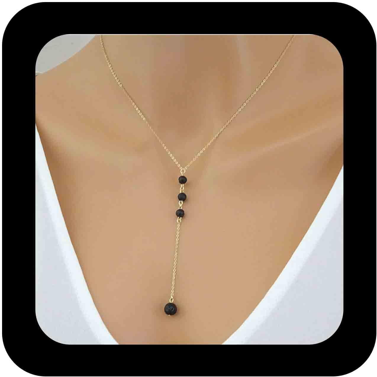 XBage Bohemian Obsidian Bead Drop Necklace Black Lava Stone Bead Choker Necklace Gold Y Lariat ...