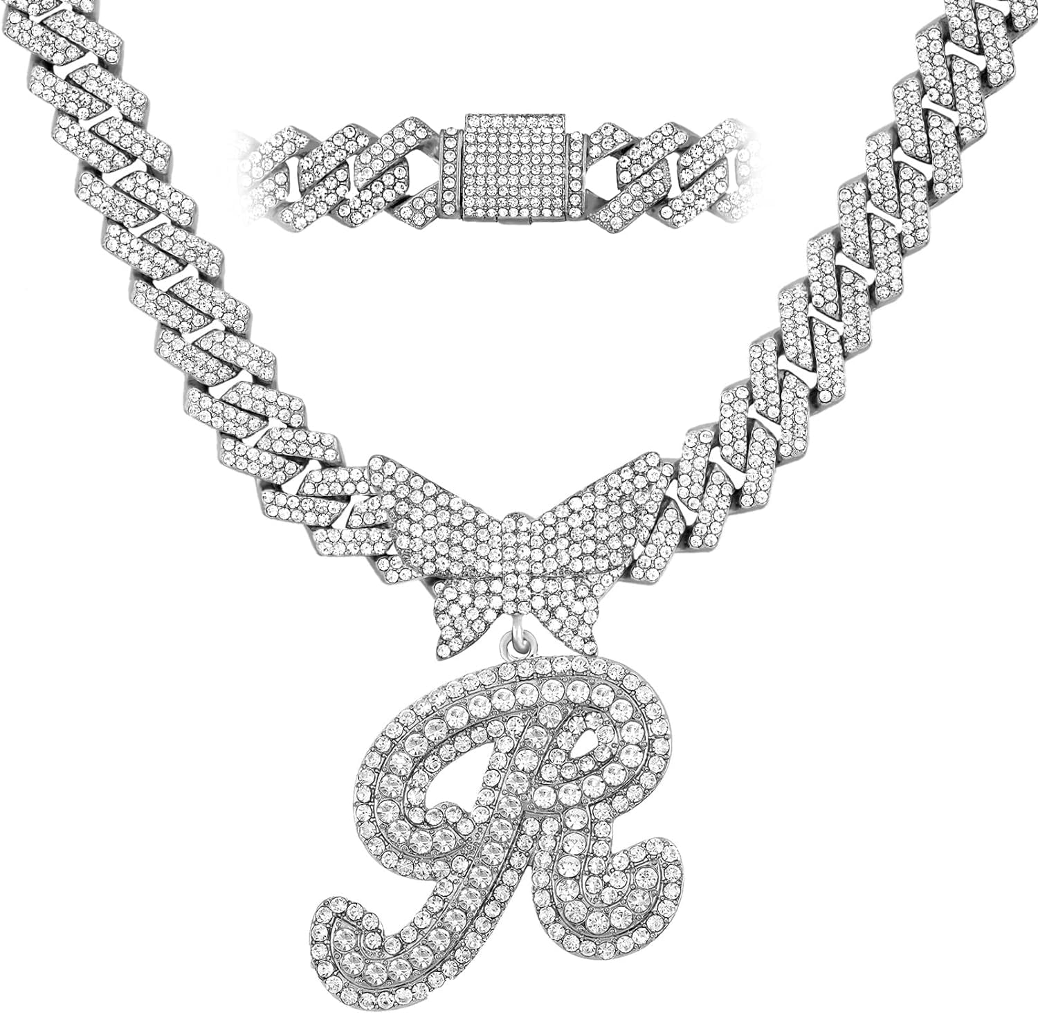 XBage Cuban Link Chain For Women Cursive Silver Initial 14Mm Diamond ...