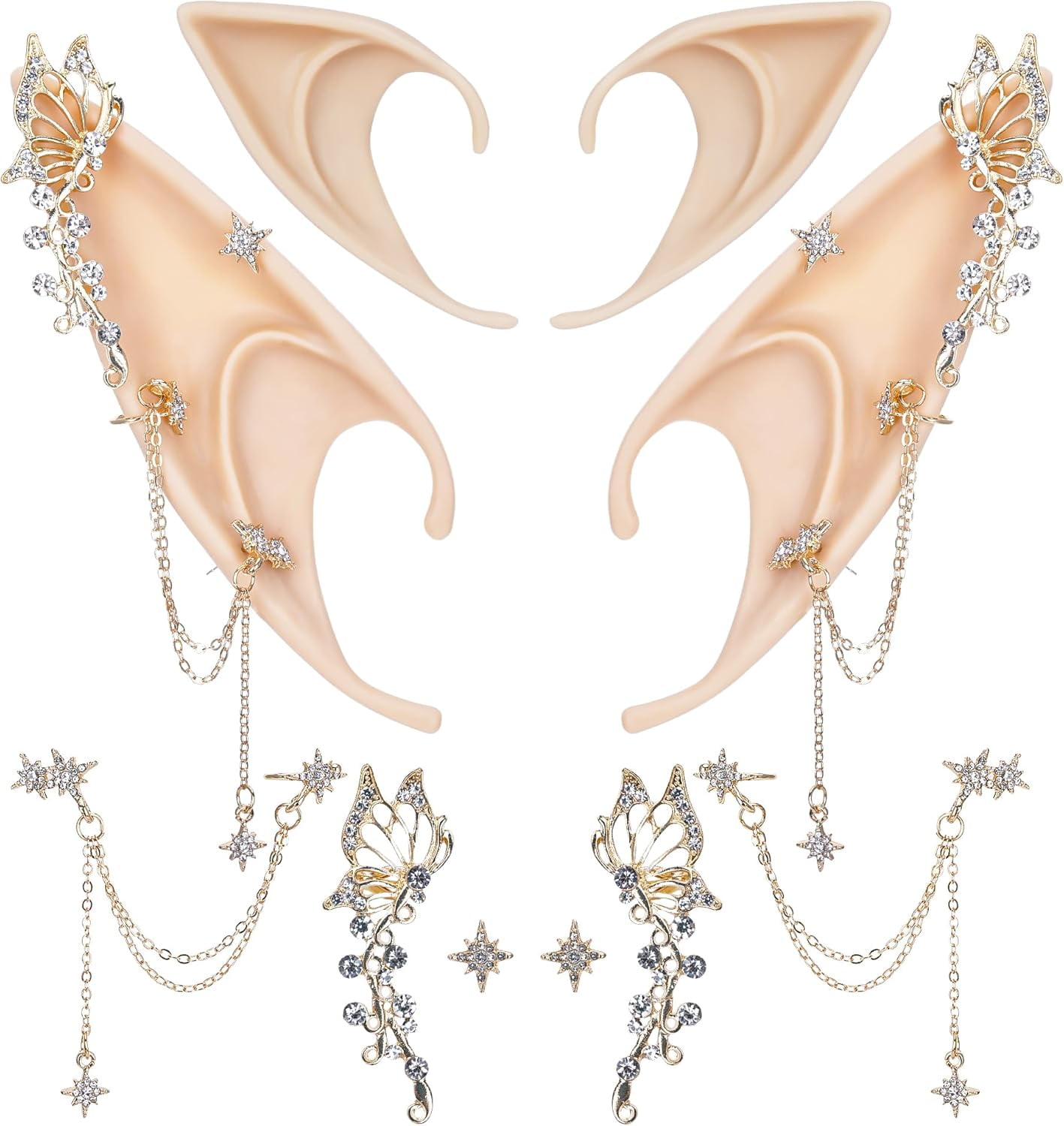 XBage Elf Ears With Piercings - Handmade Fairy Ears With Gold Butterfly ...