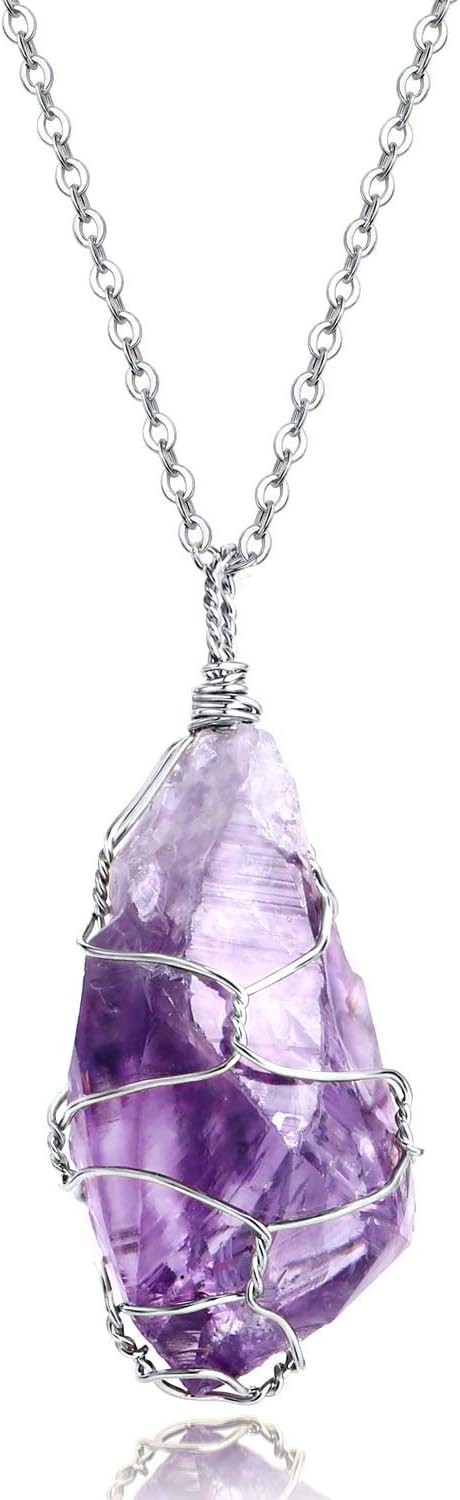 XBage Full Wire Wrapped Amethyst Pendant Necklace Healing Chakra ...