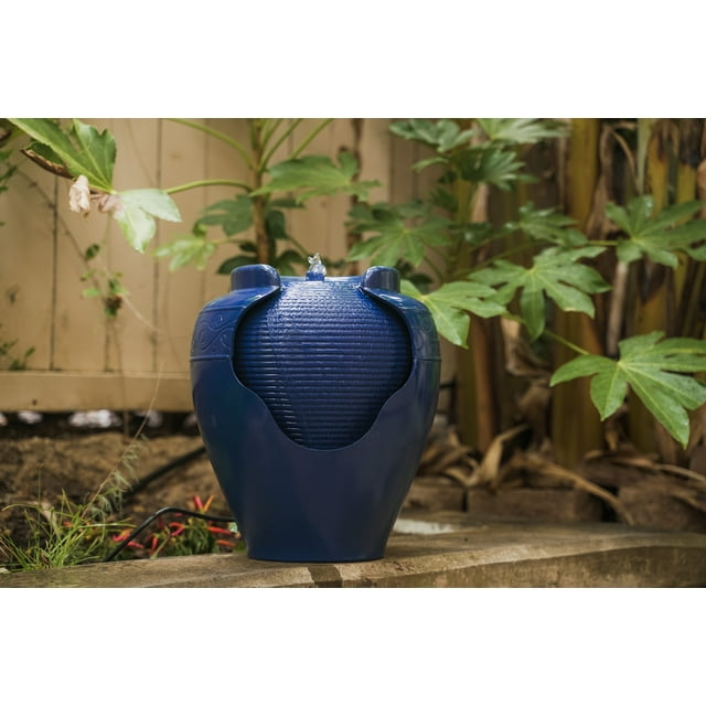 XBrand 17" Tall Round Blue Vase Fountain w/ Ridges Waterfall, Indoor ...