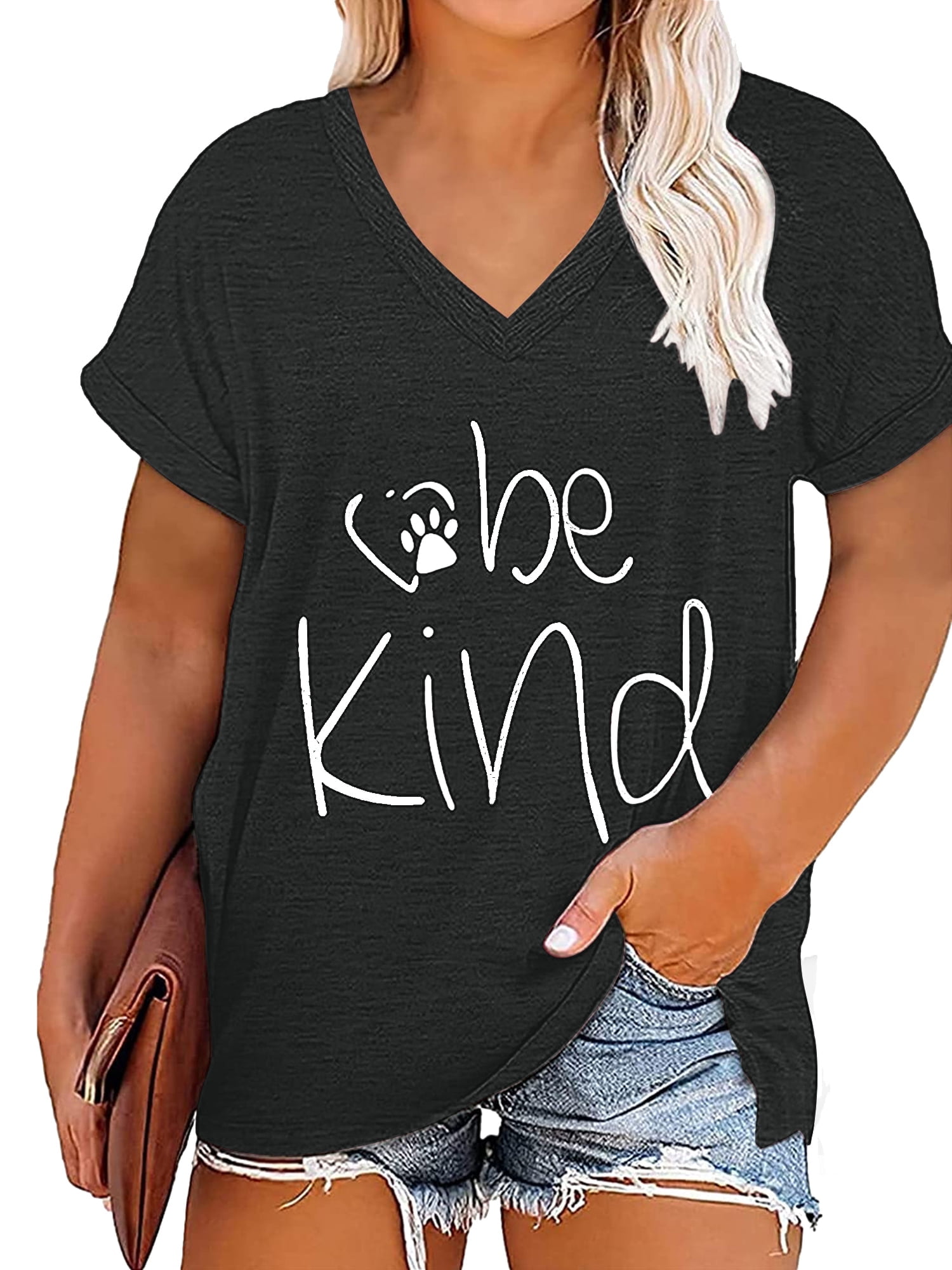 XCHQRTI Be Kind Womens Shirt Plus Size Graphic Tees Short Sleeve V Neck Summer Casual T Shirt ...