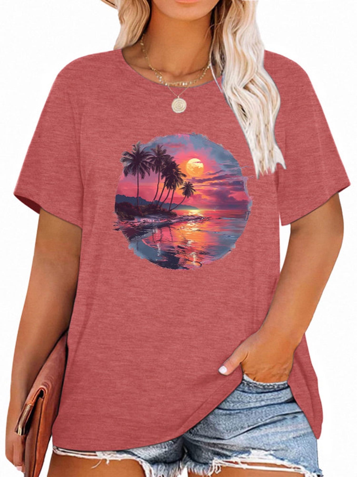 XCHQRTI Beach Shirts Women's Plus Size Graphic Tees Sunrise Sunset T ...
