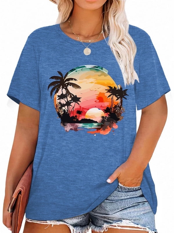 XCHQRTI Beach Shirts Women's Plus Size Graphic Tees Sunrise Sunset T ...