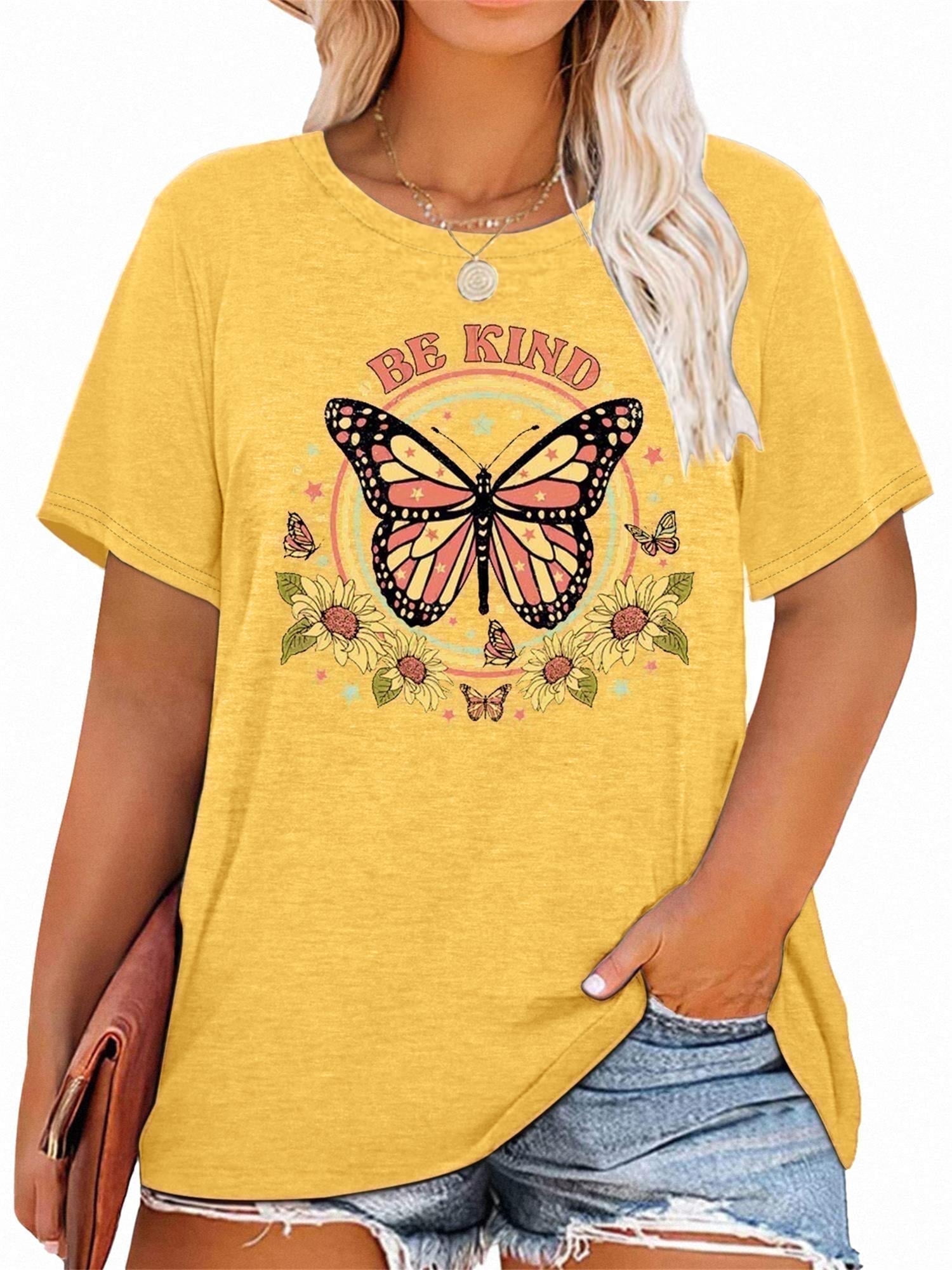 XCHQRTI Butterfly Graphic Plus T-Shirts Women Graphic Casual Shirt Summer Short Sleeve Tee ...