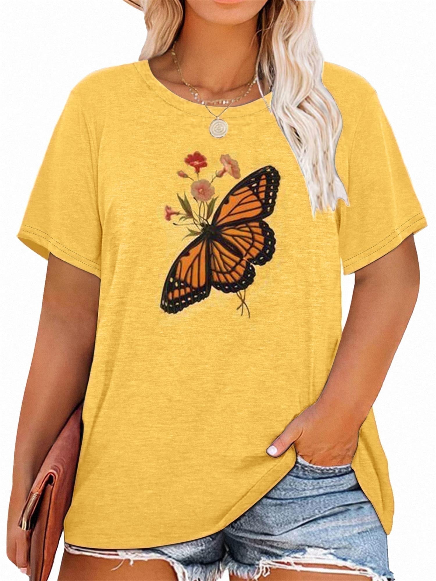 XCHQRTI Butterfly Graphic Plus T-Shirts Women Graphic Casual Shirt ...