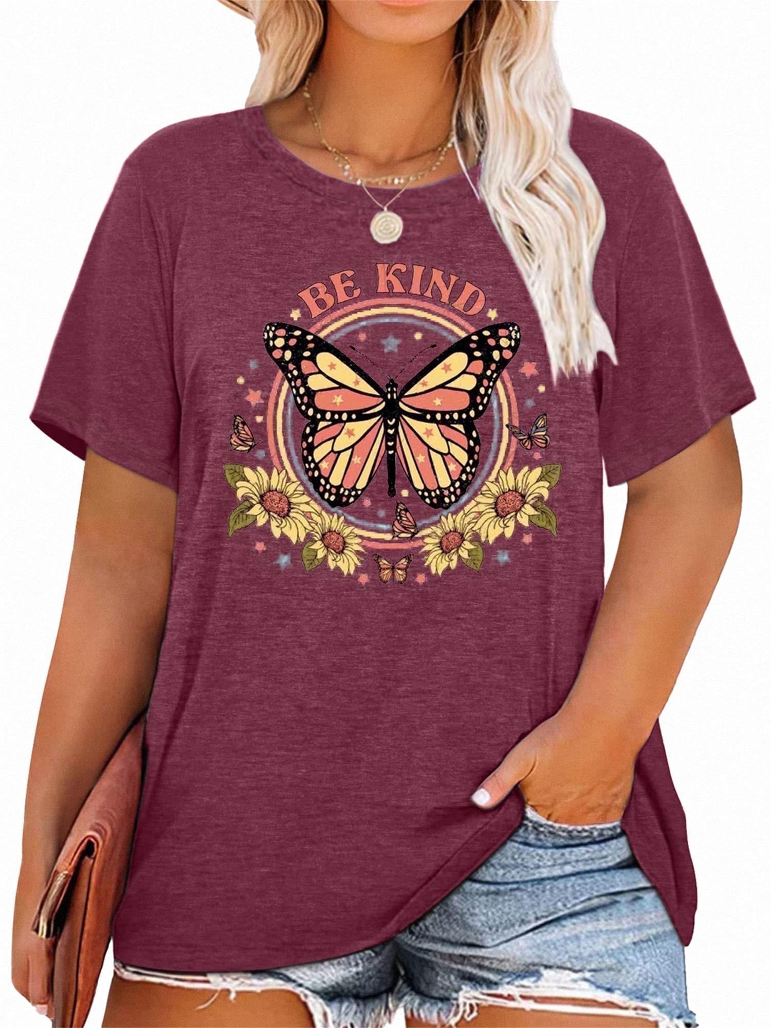XCHQRTI Butterfly Graphic Plus T-Shirts Women Graphic Casual Shirt Summer Short Sleeve Tee ...