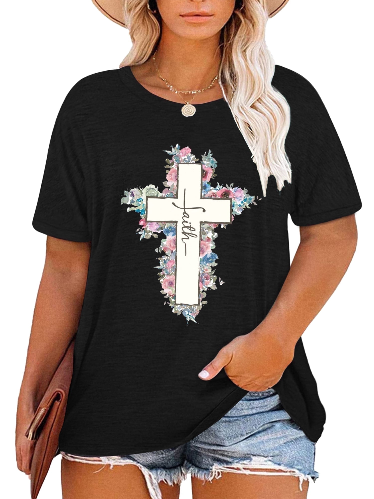XCHQRTI Women's Plus Size Christian Faith T-Shirts, Graphic Blessed Girl Tees, Jesus Religious ...