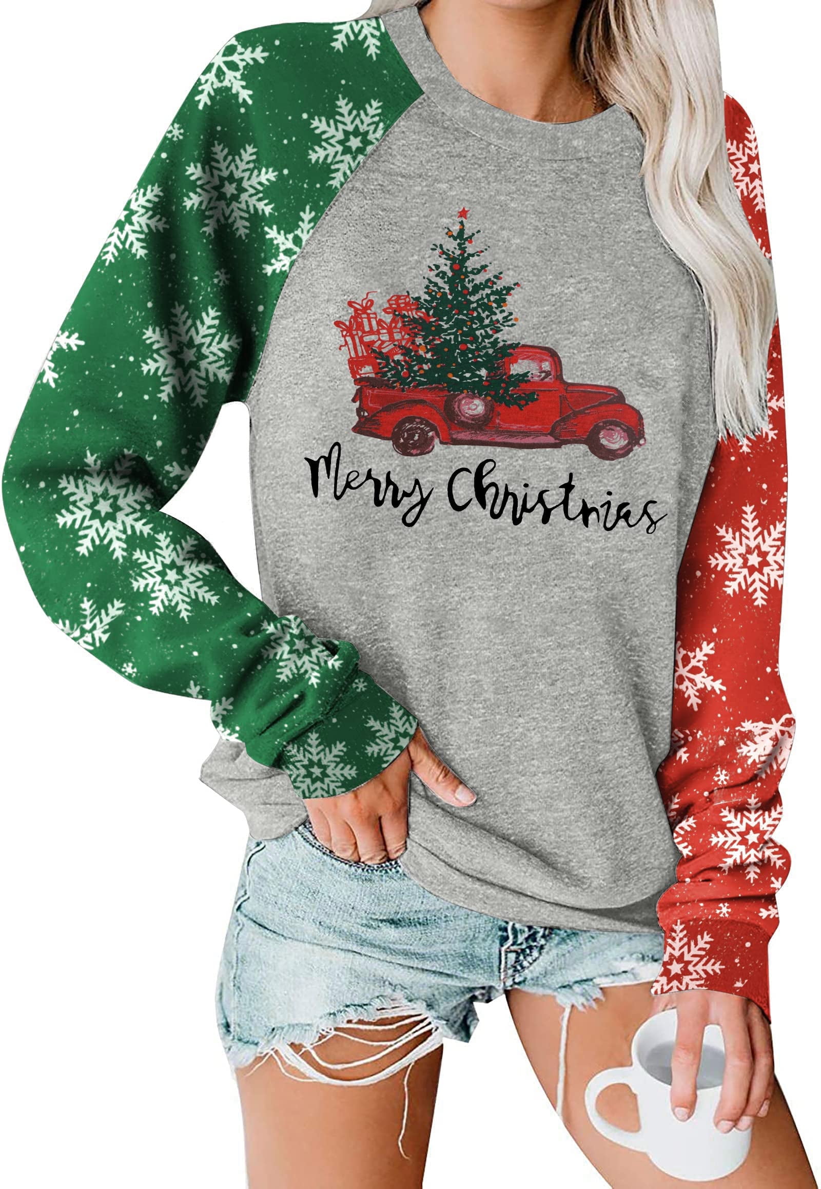 Anbech Women's Christmas Graphic Tee, Long Sleeve Snowflake Merry ...