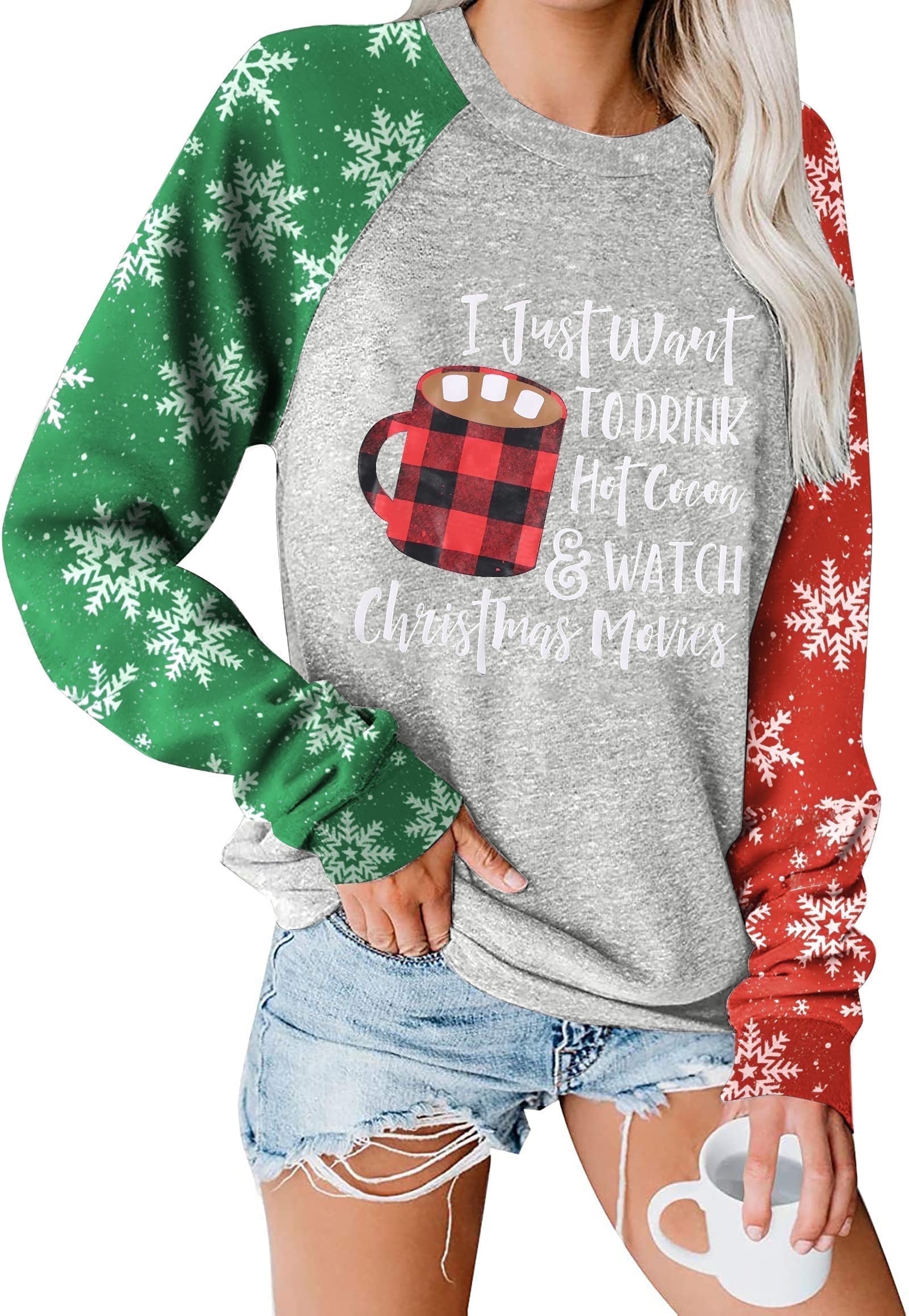 Anbech Women's Christmas Graphic Tee, Long Sleeve Snowflake Shirt ...