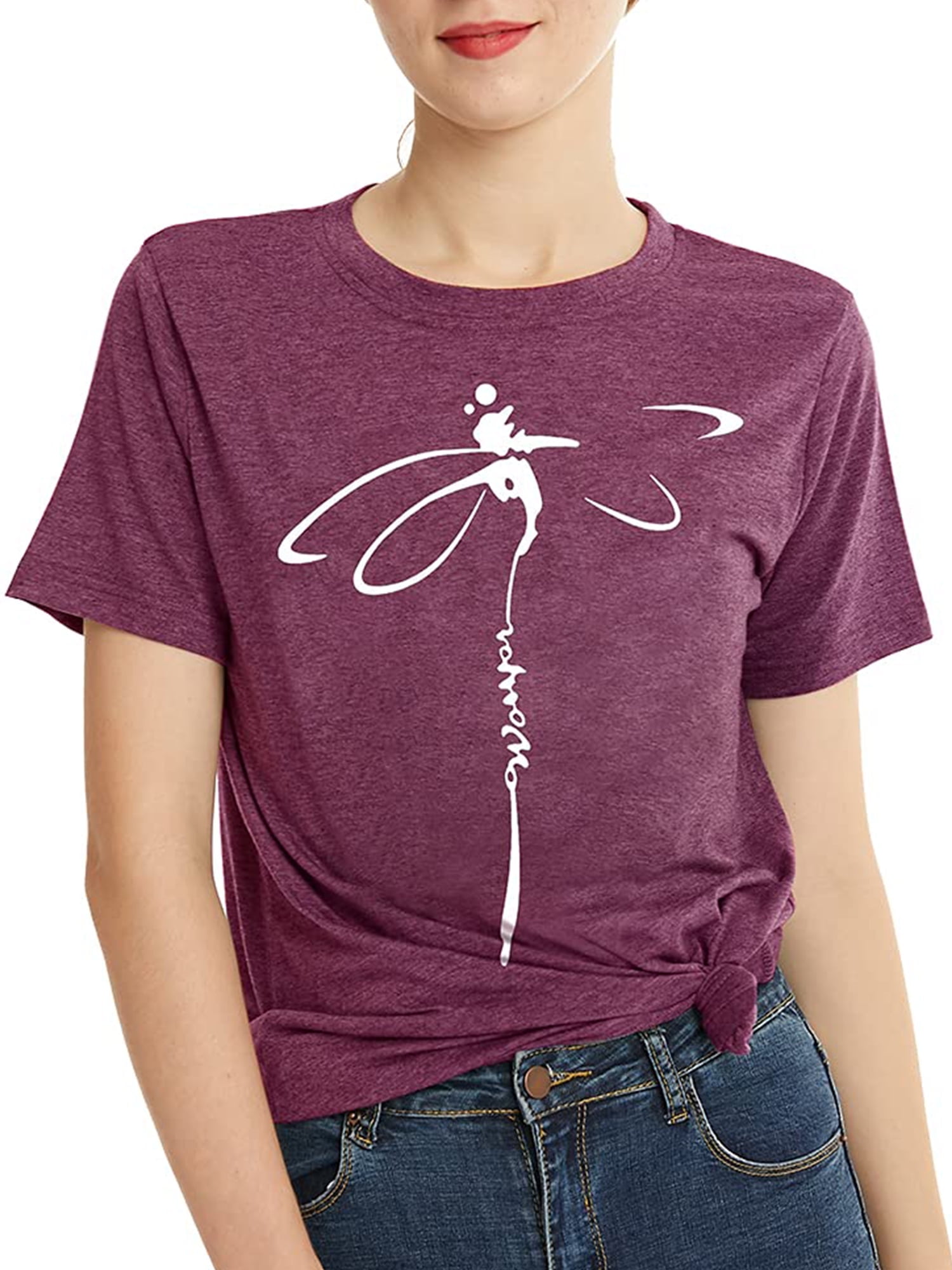 XCHQRTI Dragonfly Shirts Women Graphic Tee Short Sleeve T Shirt ...