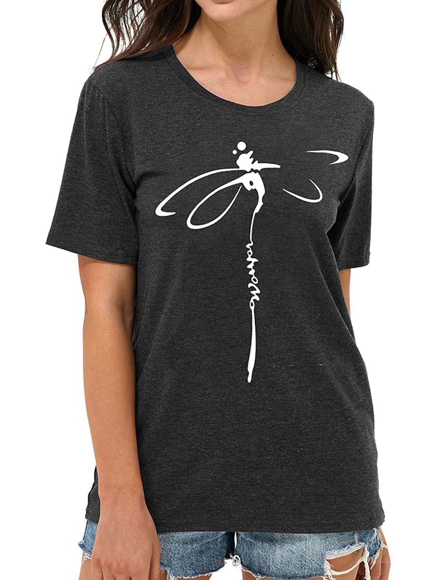 XCHQRTI Dragonfly Shirts Women Graphic Tee Short Sleeve T Shirt ...
