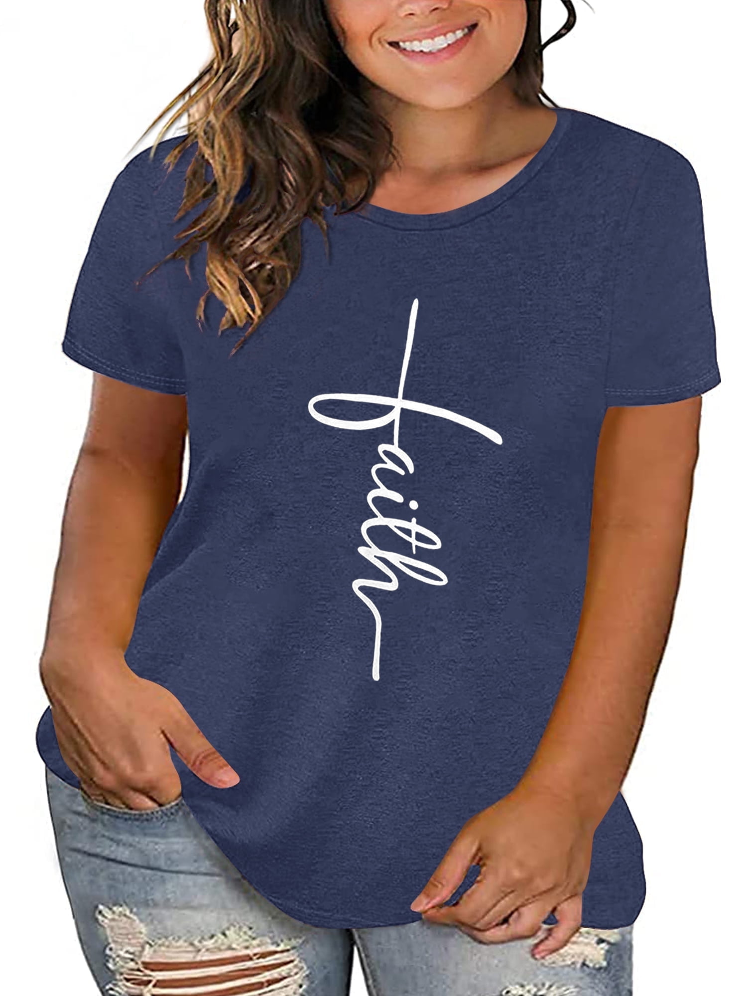 XCHQRTI Faith Flower T-Shirts for Women Plus Size Graphic Tees Athletic ...