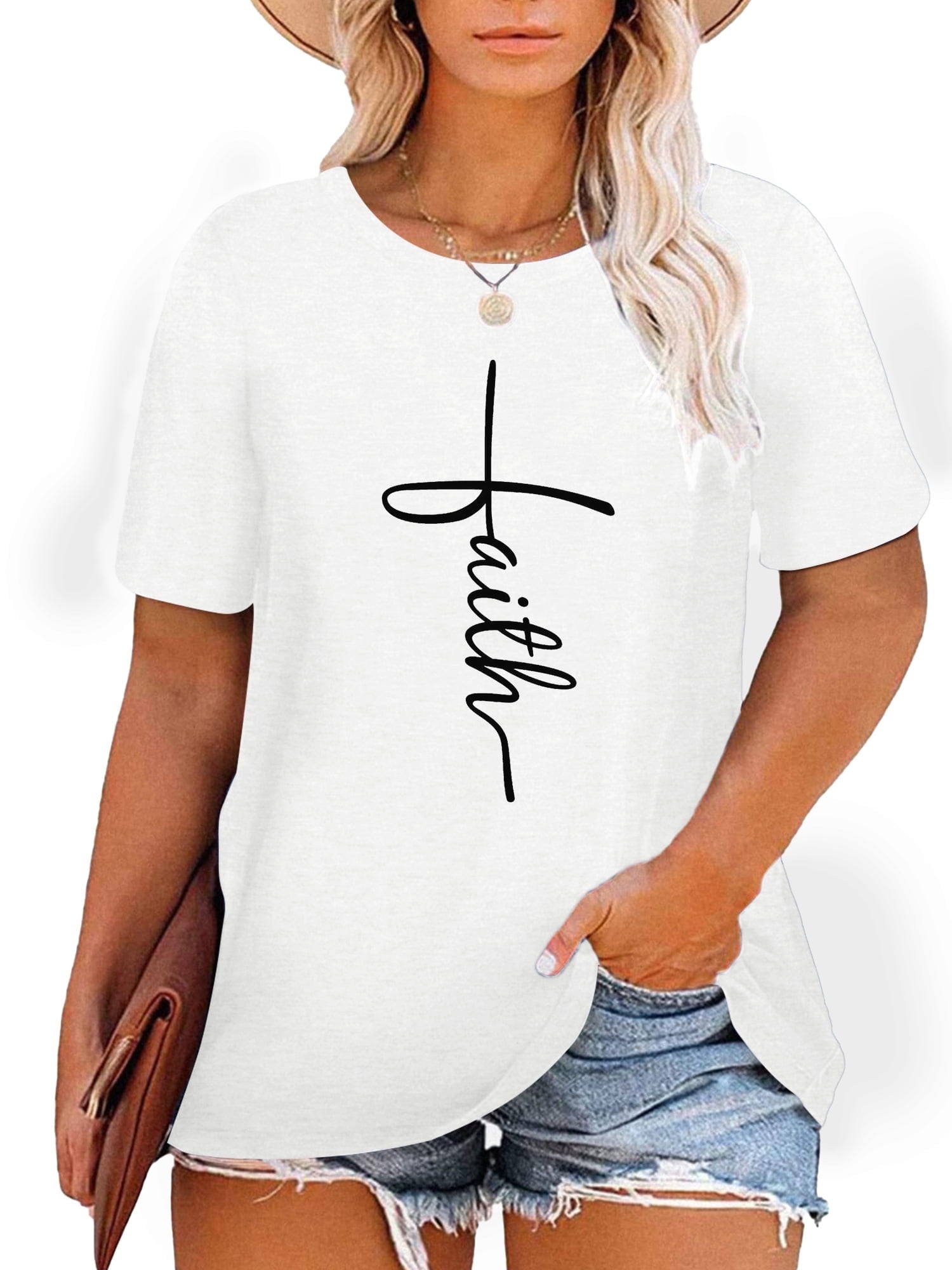 XCHQRTI Faith Flower T-Shirts for Women Plus Size Graphic Tees Athletic ...