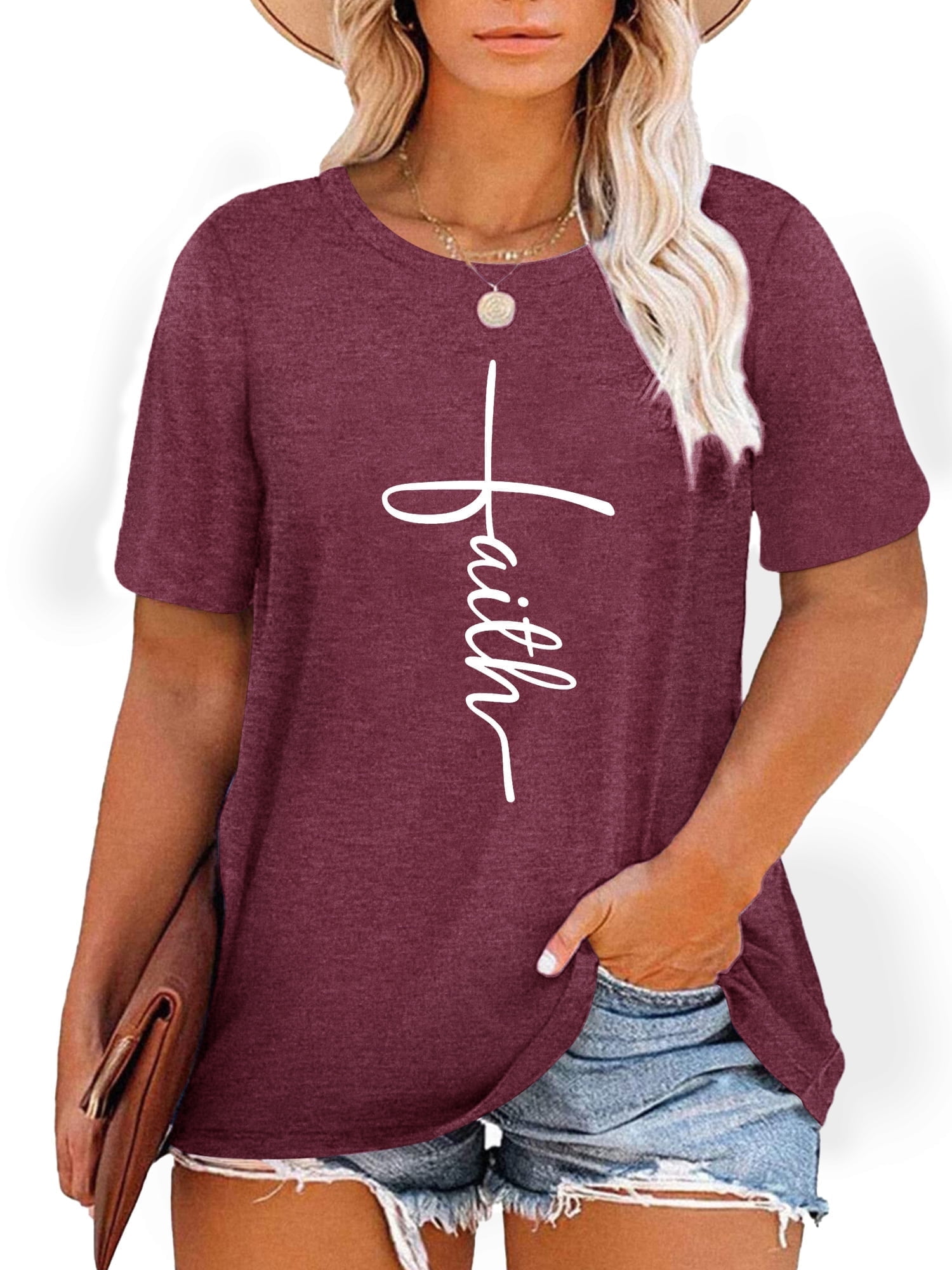 XCHQRTI Faith Flower T-Shirts for Women Plus Size Graphic Tees Athletic ...
